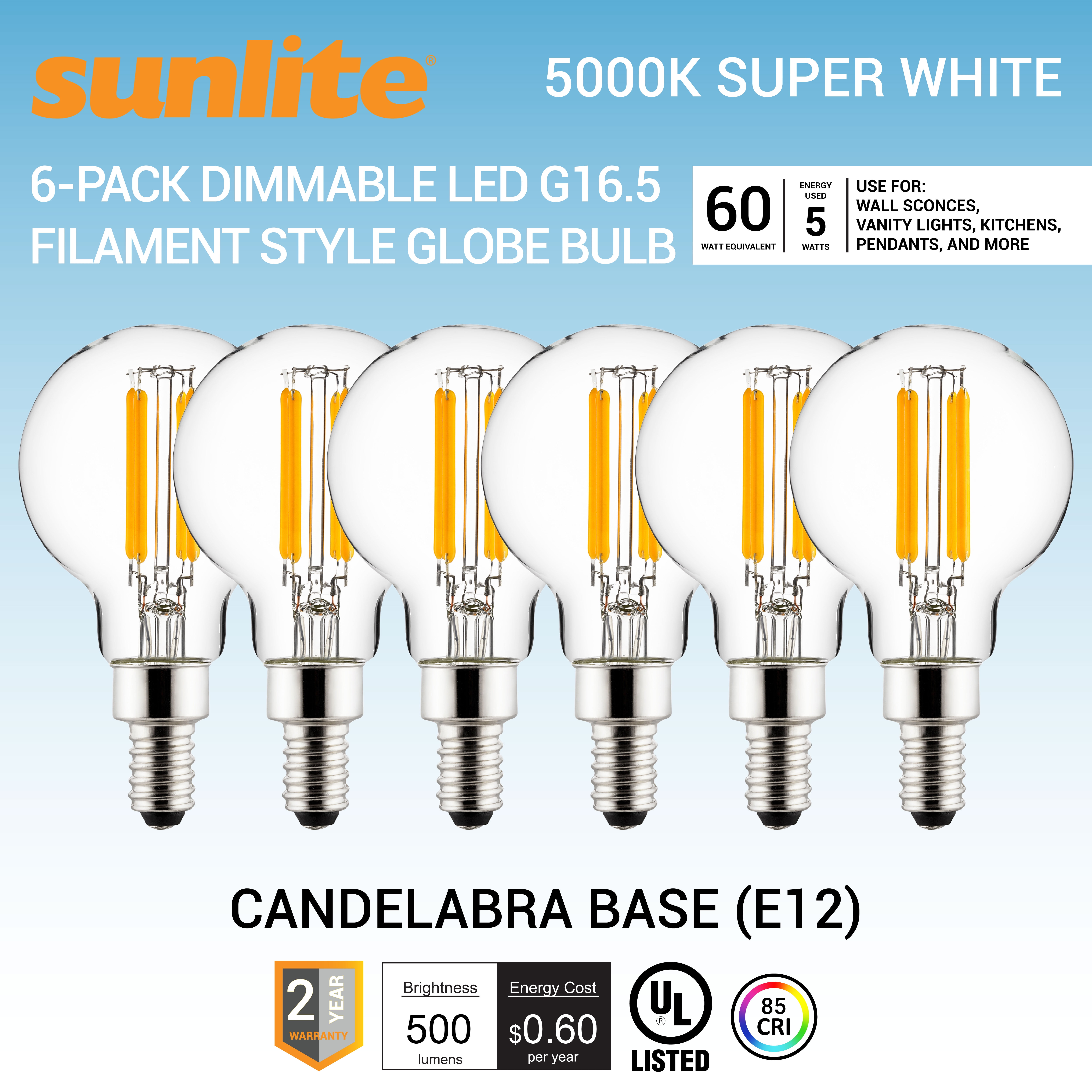 Sunlite LED G16.5 G16 1/2 Filament Style Globe Light Bulb, 5 Watts (60W Equivalent), Candelabra ...