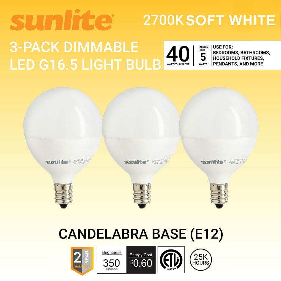Sunlite LED G16.5 Globe Soft Light Bulb, 5W (40W Eq.), 350 Lumens, 2700K Warm, Dimmable, E12 ...