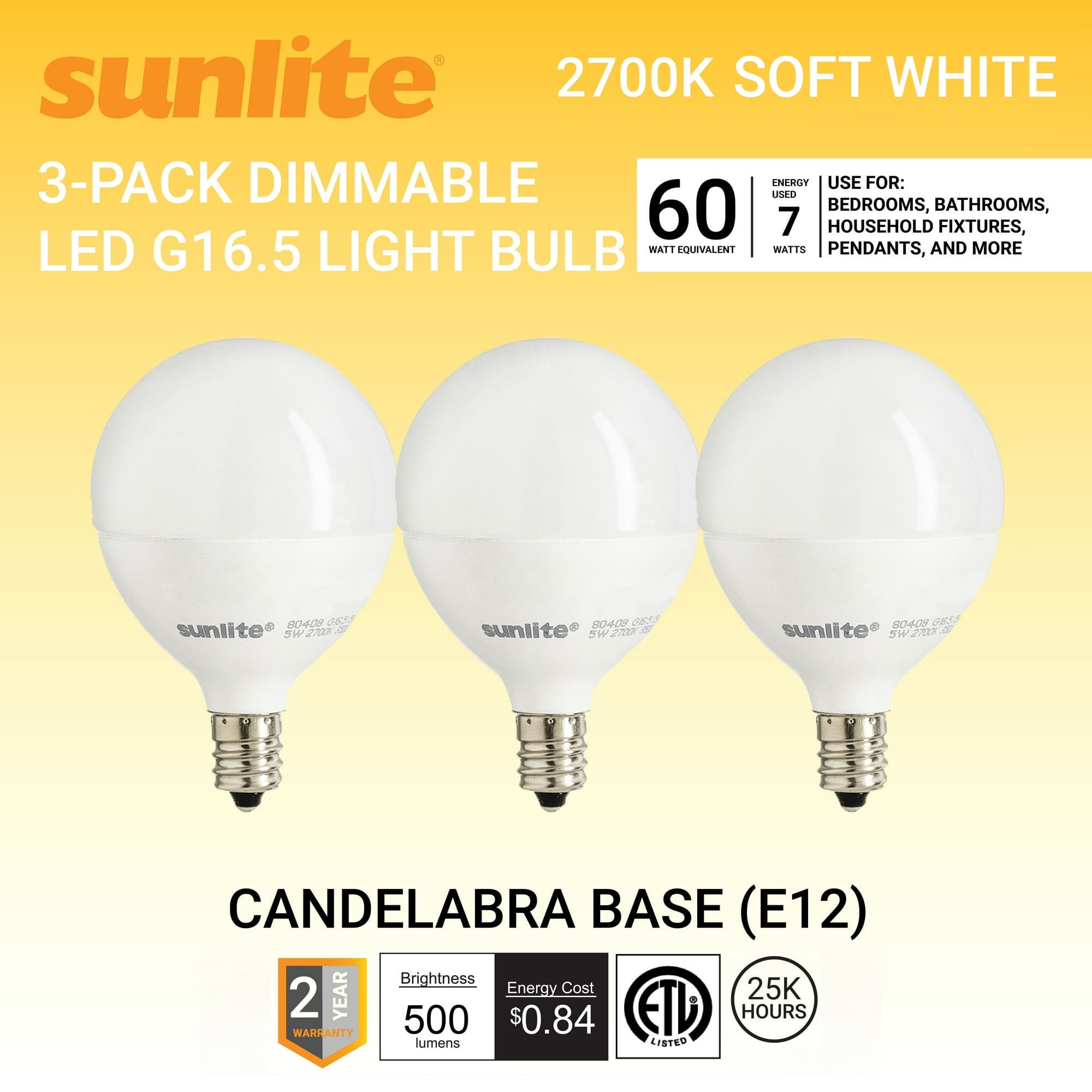 Sunlite LED G16.5 Globe Light Bulb, 7W (60W Equivalent), 500 Lumens, 2700K Soft White, Dimmable ...
