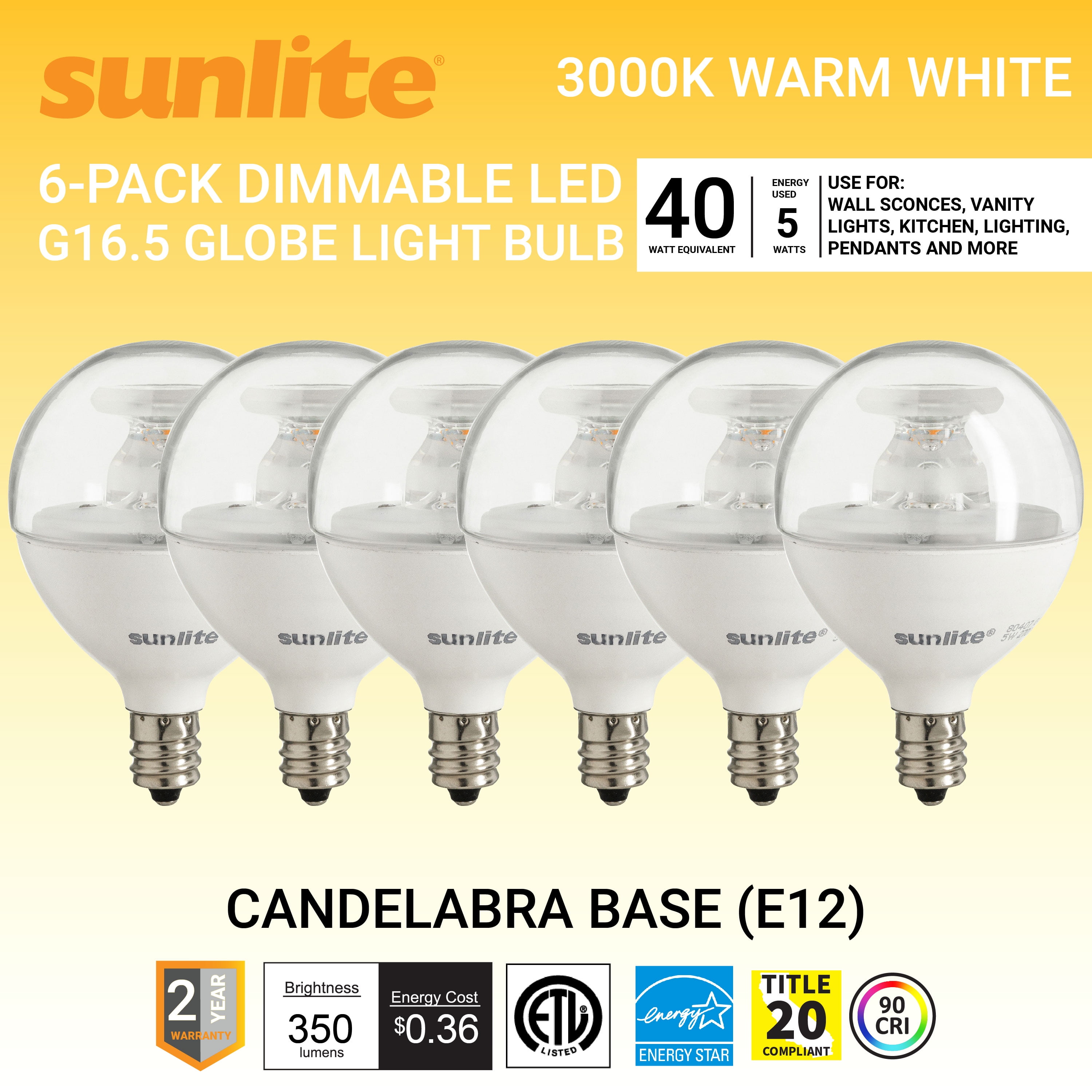 Sunlite LED G16.5 Light Bulb, 5 Watts (40W Equivalent), Candelabra E12 Base, Dimmable, Clear ...