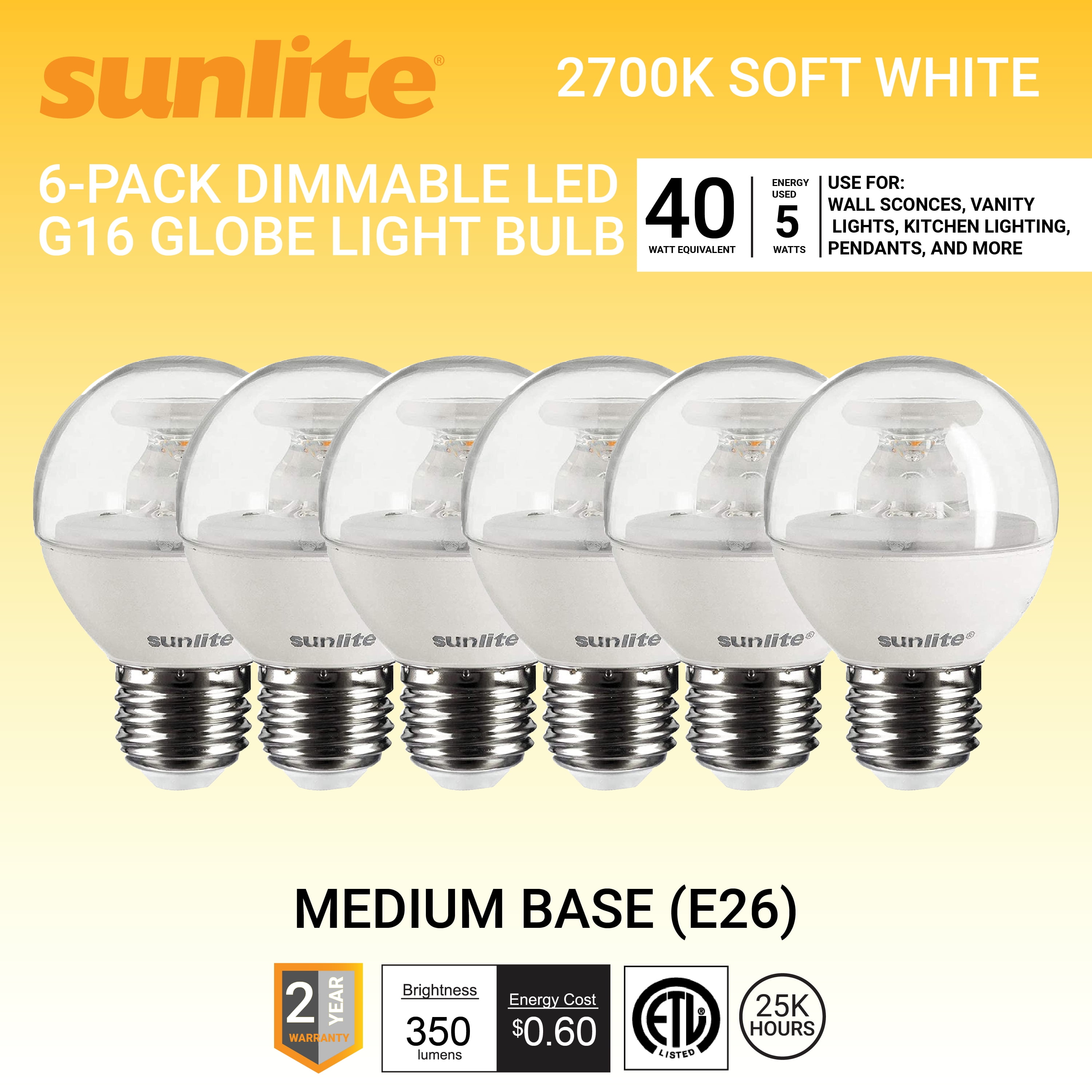 Sunlite LED G16 Globe Light Bulb, 5 Watts (40W Equivalent), Medium E26 Base, Dimmable, Clear, UL ...