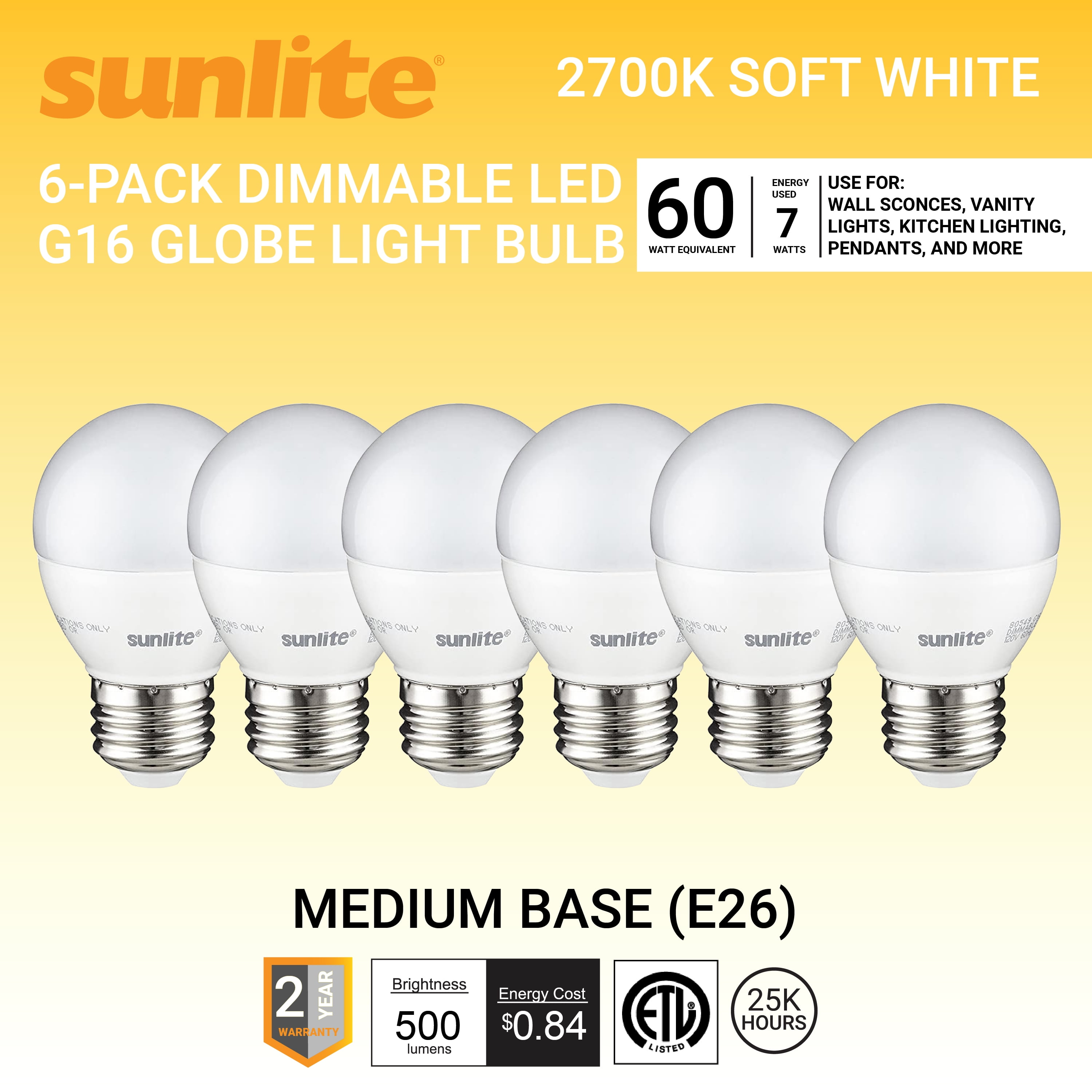 Sunlite LED G16 Globe Light Bulb, 7 Watts (60W Equivalent), 500 Lumens, Dimmable, Medium E26 ...