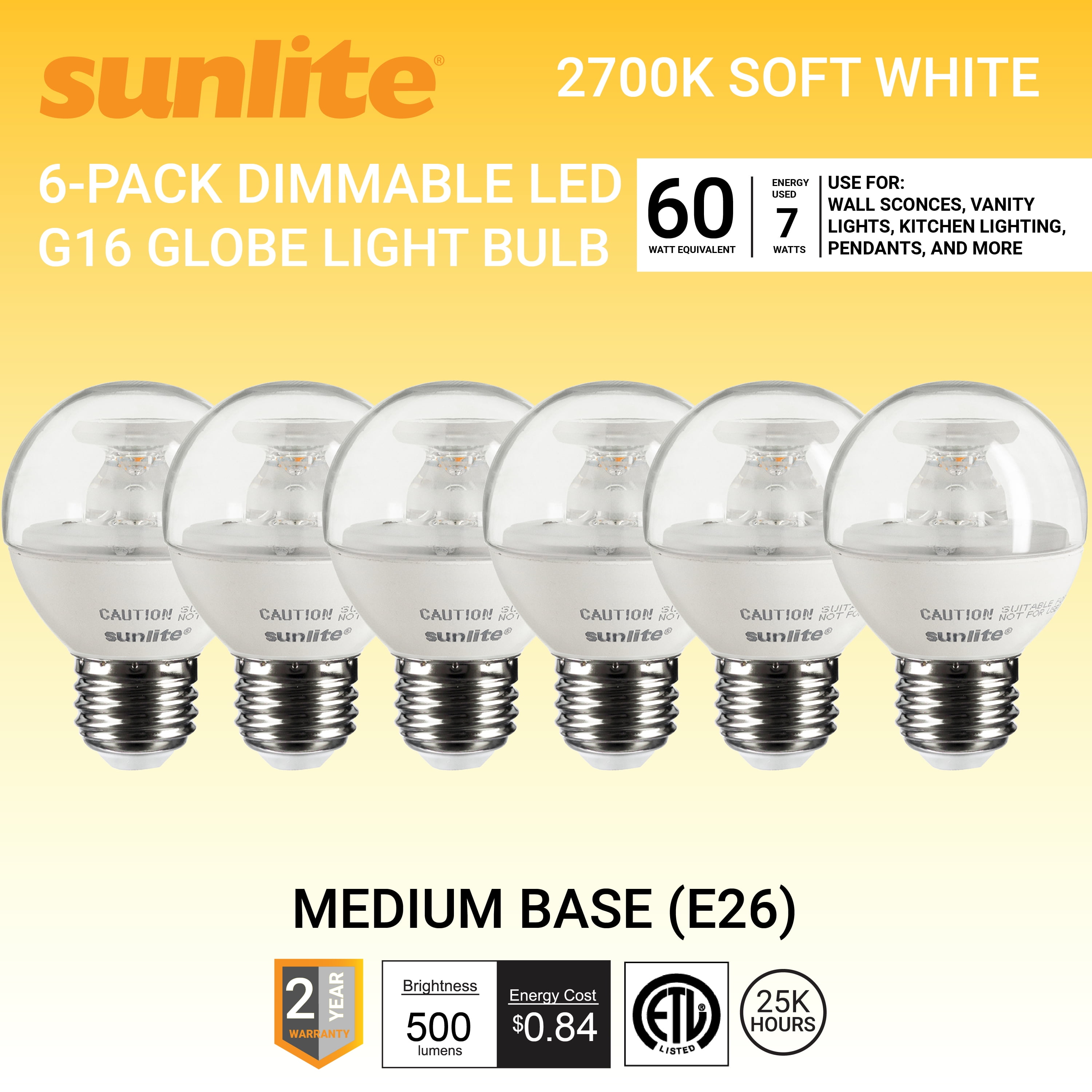 Sunlite LED G16 Globe Light Bulb, 7 Watts (60W Equivalent), Medium E26 Base, Dimmable, Clear, UL ...