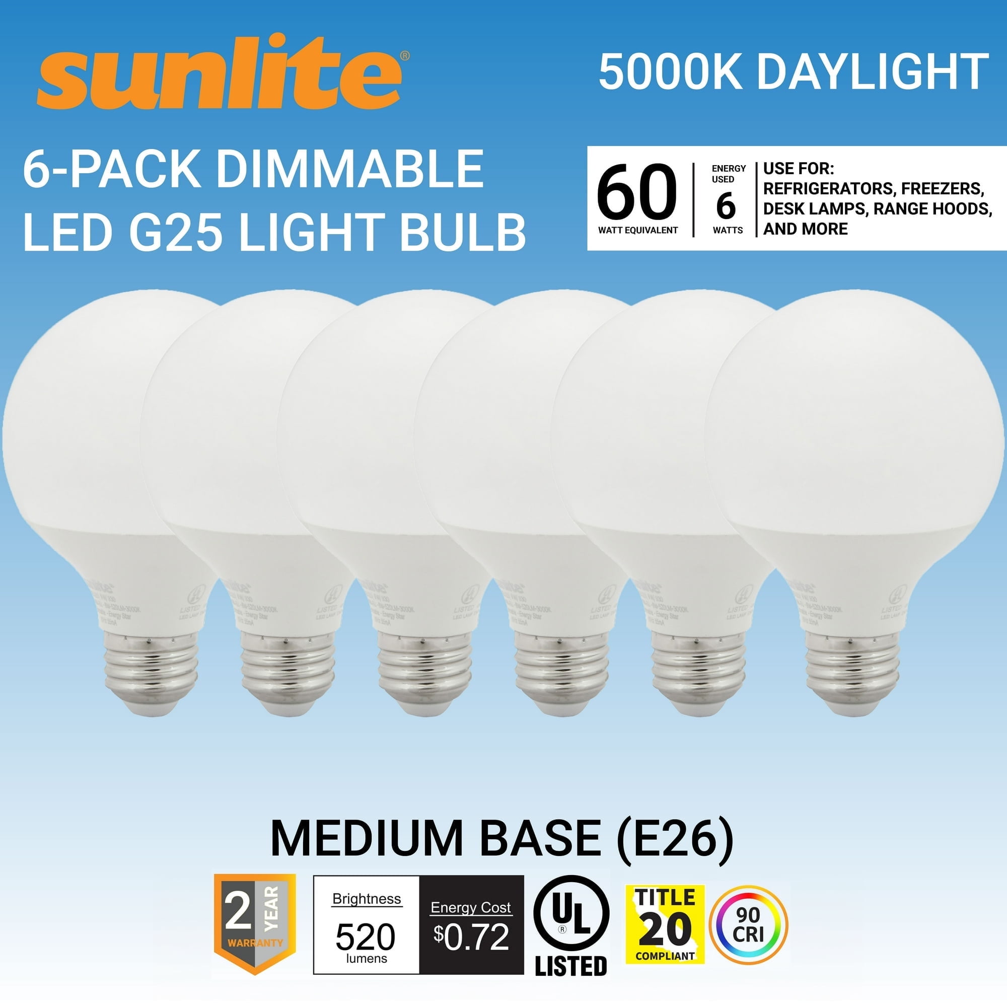 Sunlite Bright 6W LED G25 Globe Light Bulb, Dimmable, 5000K Daylight, 6 ...