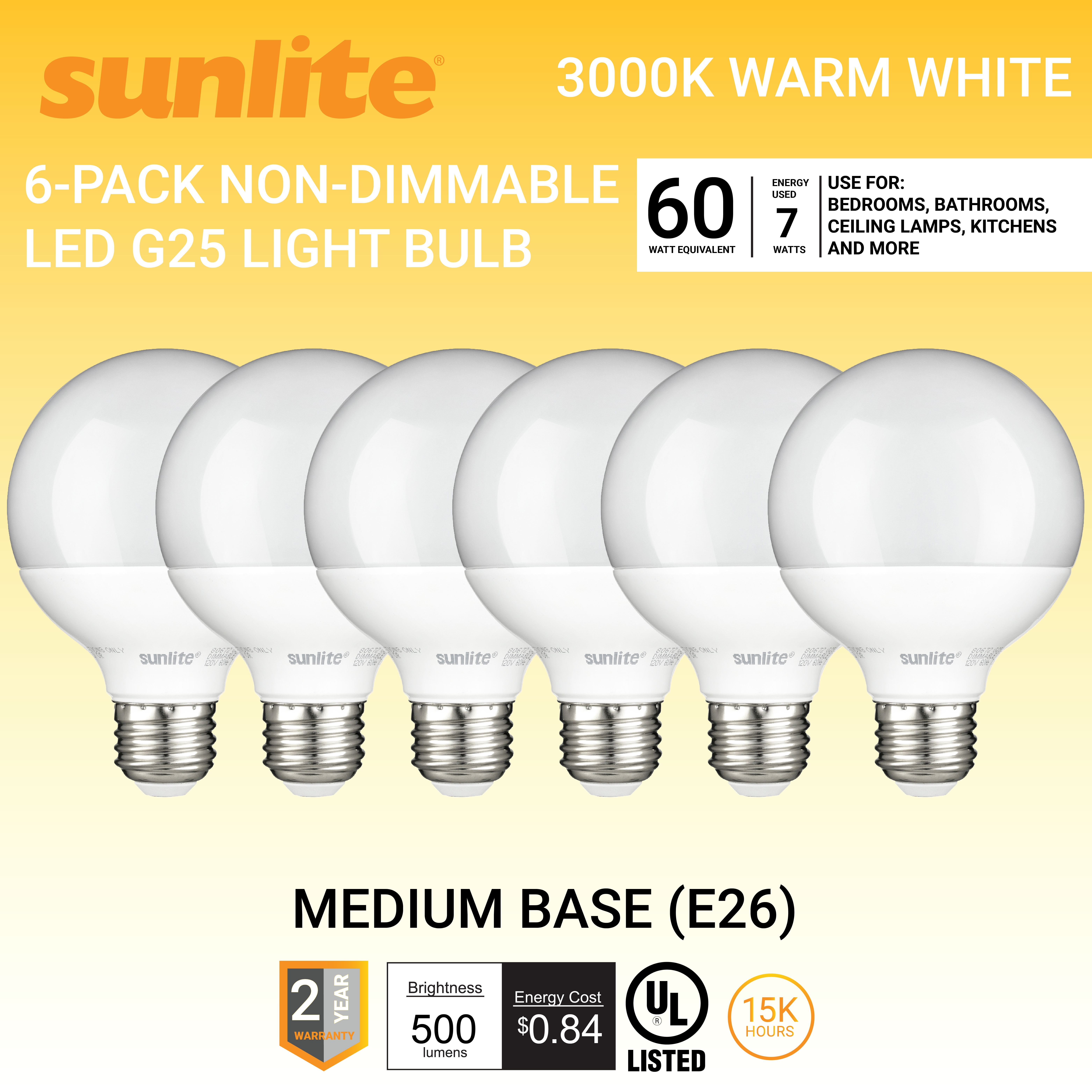 Sunlite LED 7W (60W Equivalent) Warm White Light Bulbs, Non-Dimmable (6 Pack) - Walmart.com
