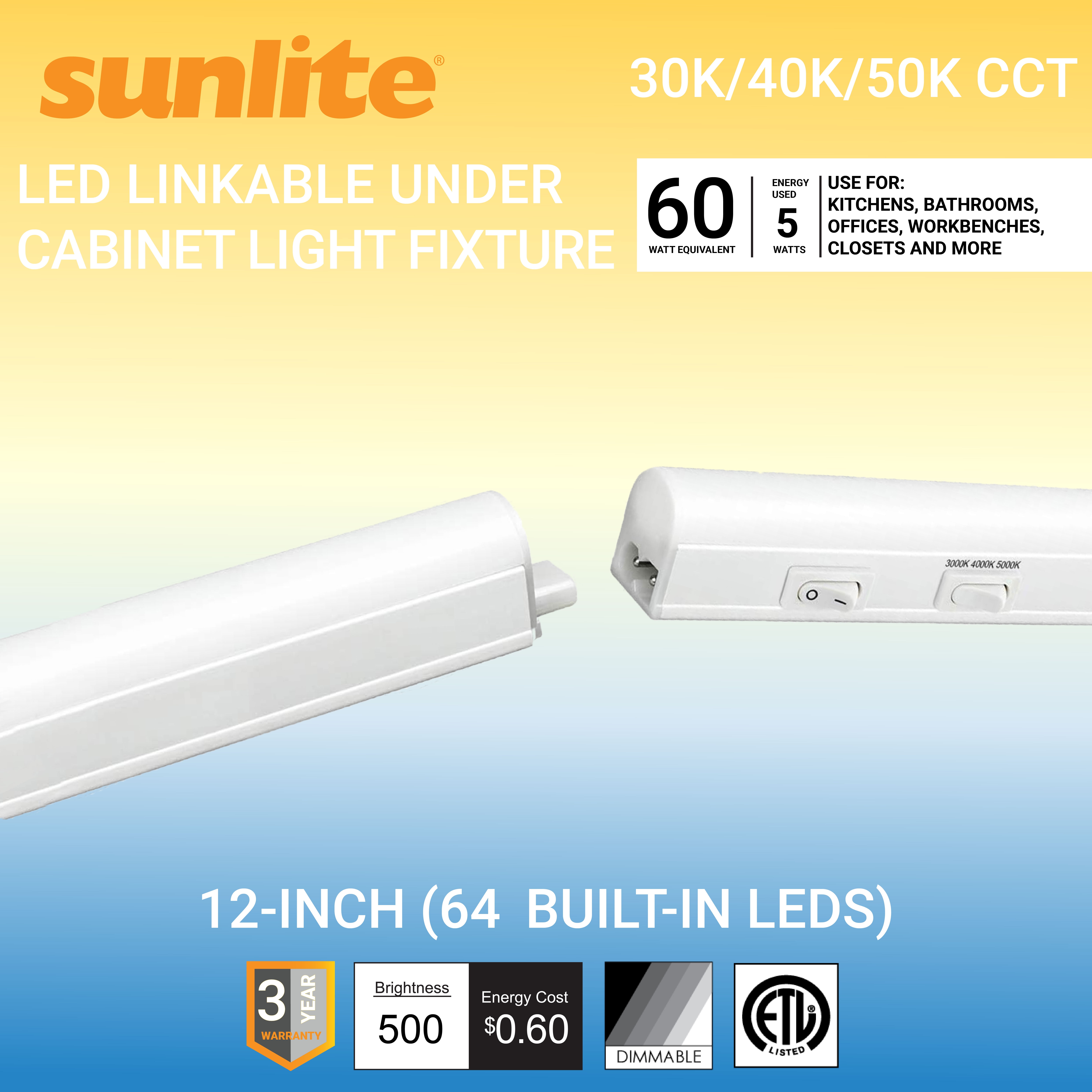 Sunlite LED Linkable Under Cabinet Light Fixture, Adjustable Color 30K ...