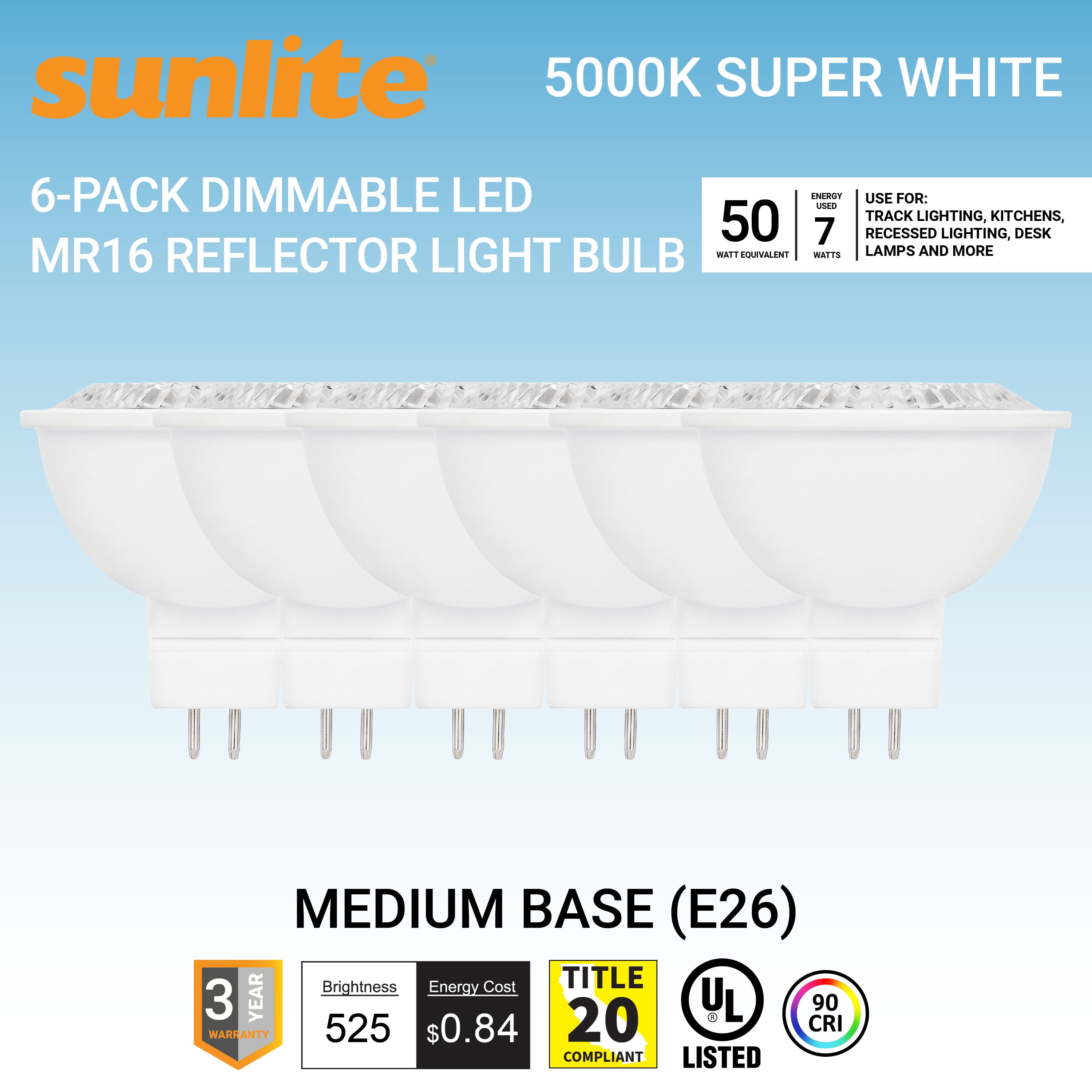 Sunlite LED MR16 Reflector Spotlight Bulb, 7 Watts (50W Halogen Bulb ...