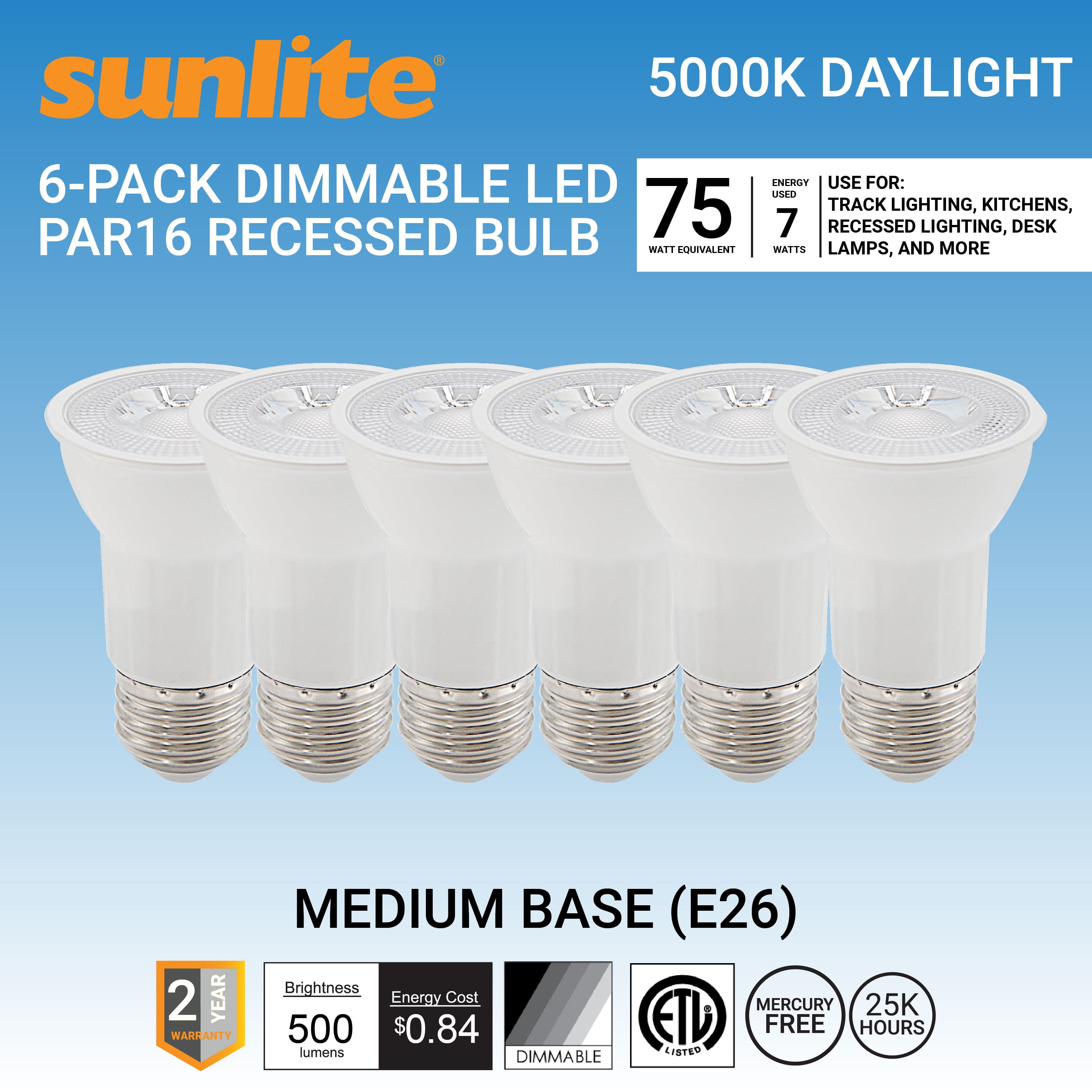 Sunlite LED PAR16 Long Neck Recessed Spot light Bulb, 7 Watt (75W ...