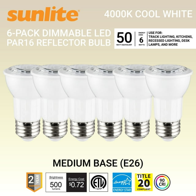 Sunlite LED PAR16 Reflector Light Bulb, 6 Watts (50W Equivalent ...