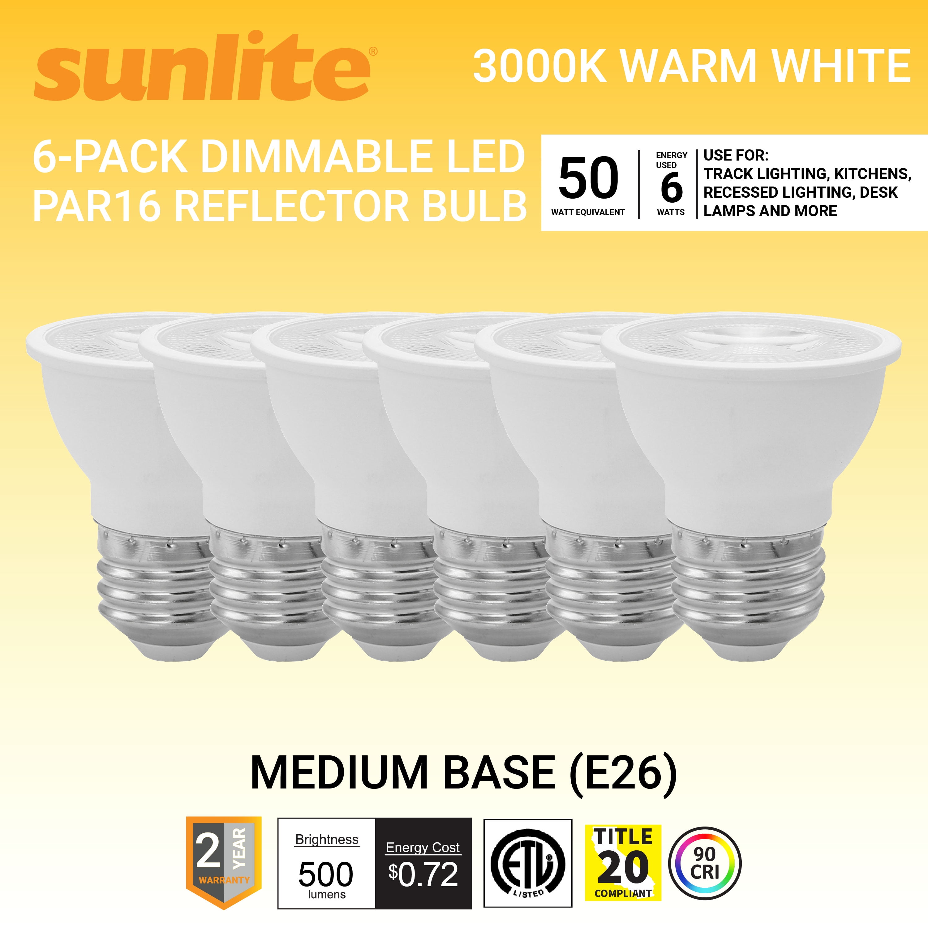 Sunlite LED PAR16 Short Neck Recessed Flood Light Bulb, 6 Watts (50W Halogen Replacement ...