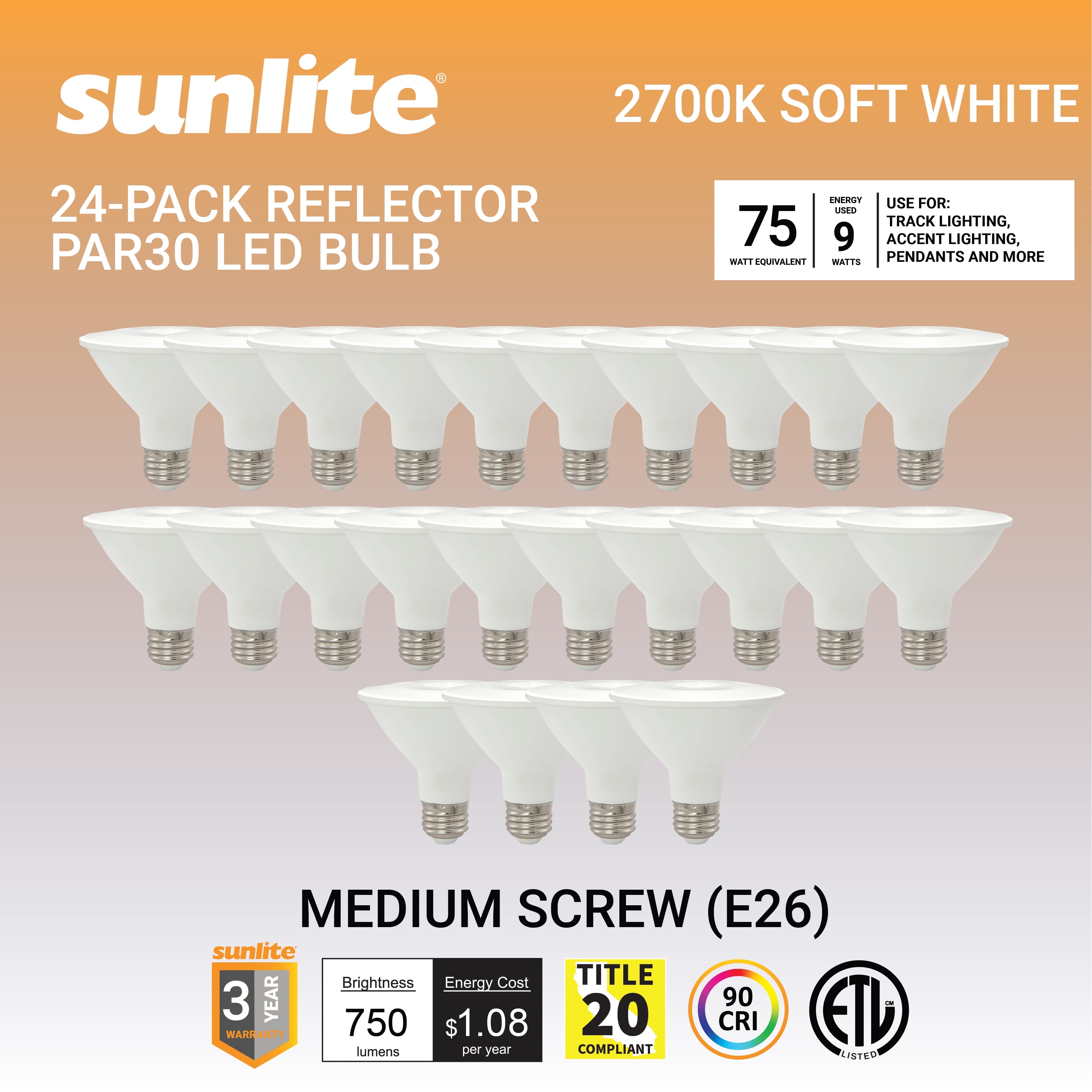 Sunlite LED PAR30 Reflector Light Bulb, 9 Watts (75W=), 750 Lumens ...