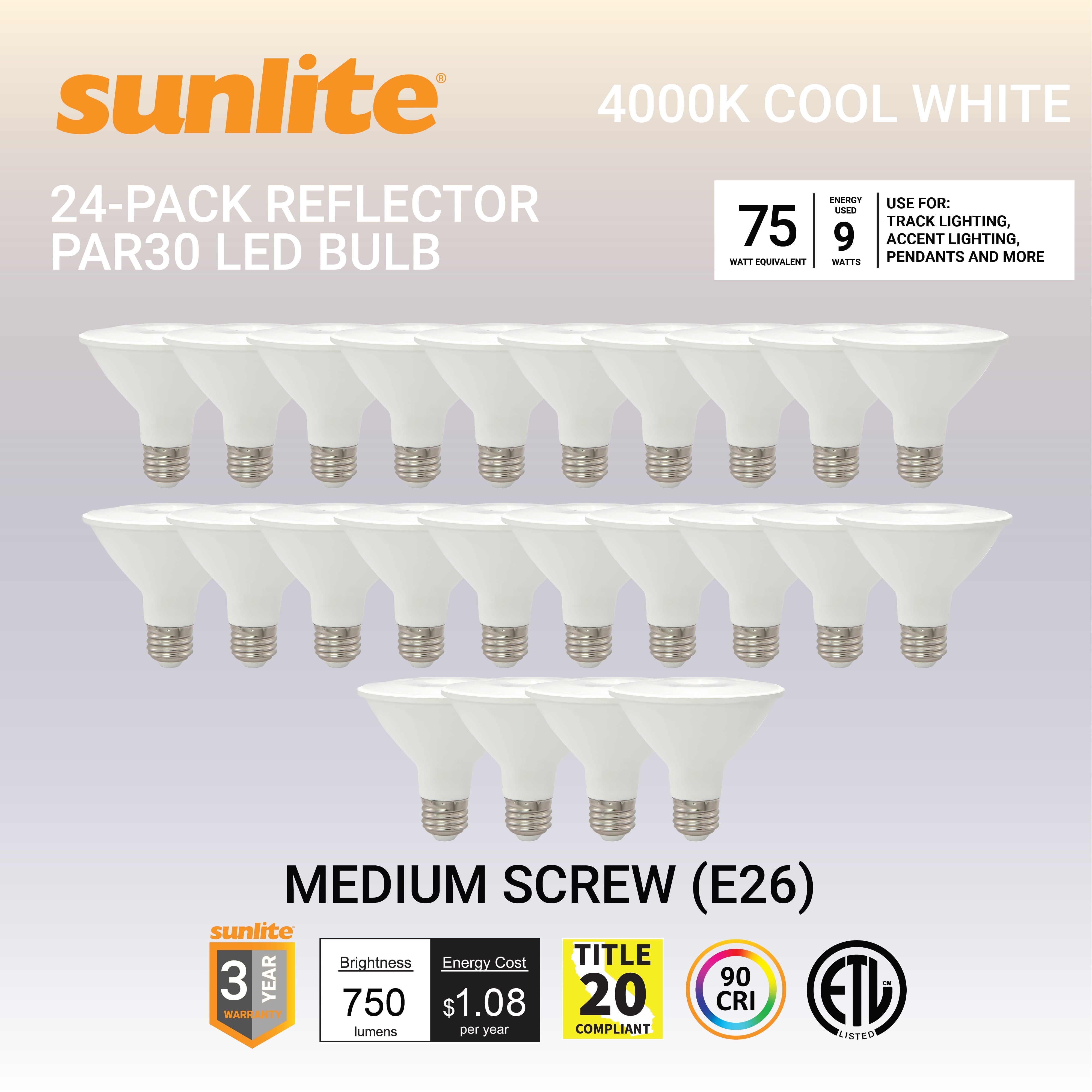 Sunlite LED PAR30 Reflector Light Bulb, 9 Watts (75W=), 750 Lumens ...