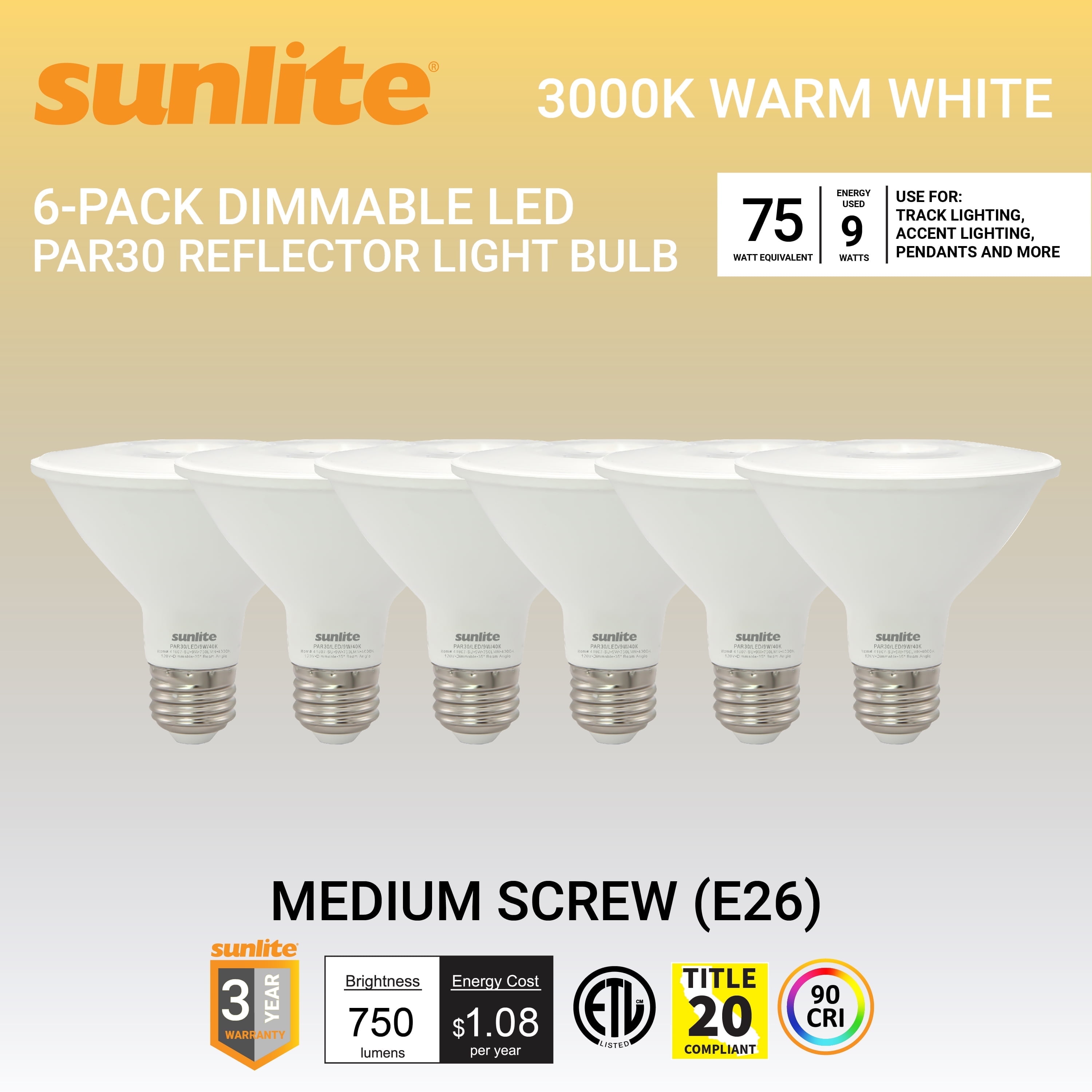 Sunlite LED PAR30 Reflector Light Bulb, 9 Watts (75W Equivalent ...