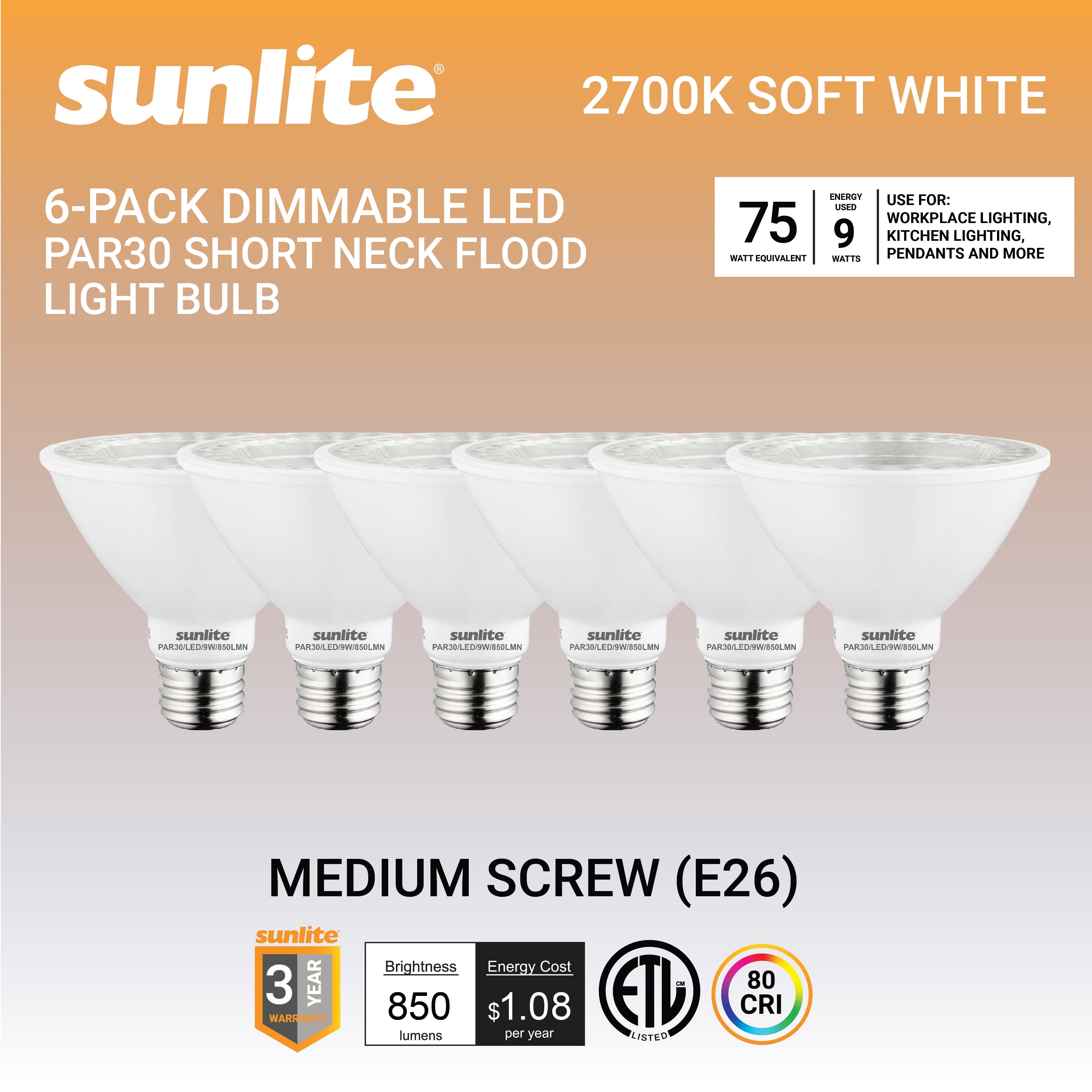 Sunlite 9W LED PAR30, 75W Equal, 850 Lumens, E26 Base, 2700K Warm White ...