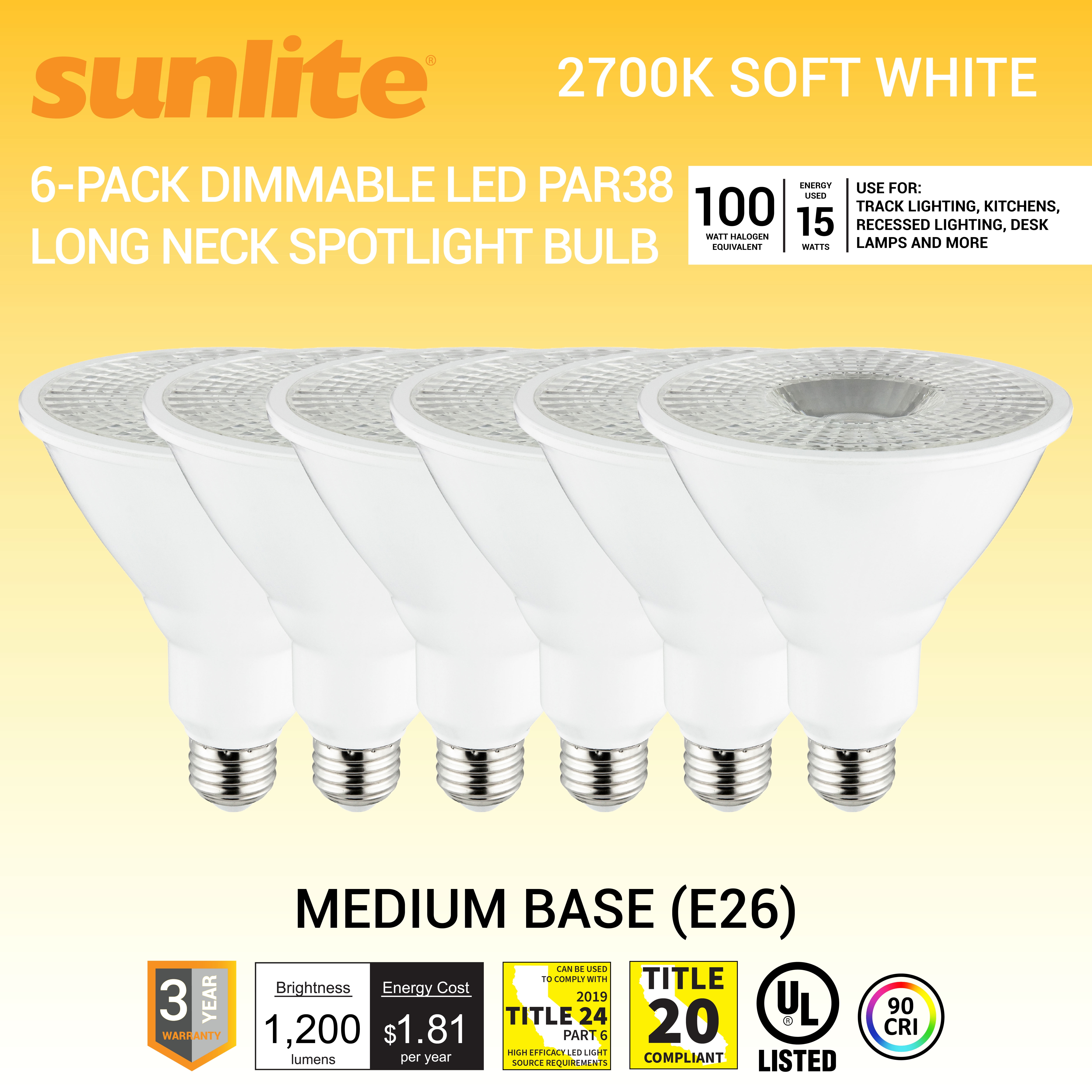 Sunlite LED PAR38 Long Neck Spot light Bulb, 15 Watts (100W Halogen EQ ...