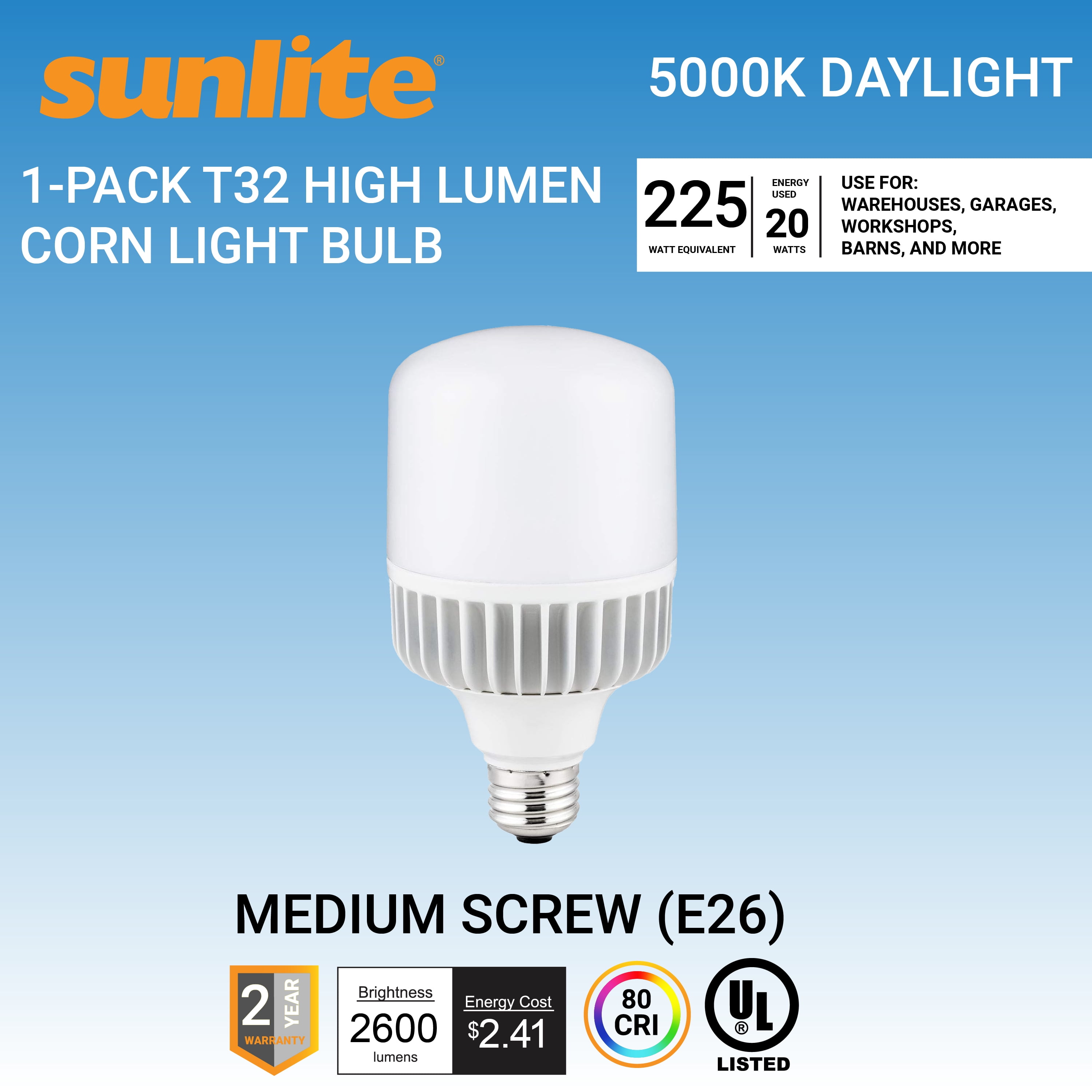 Sunlite LED T32 Corn Bulb 20W (225W Eq), 2600Lm, E26, 5000K, 120-277V ...