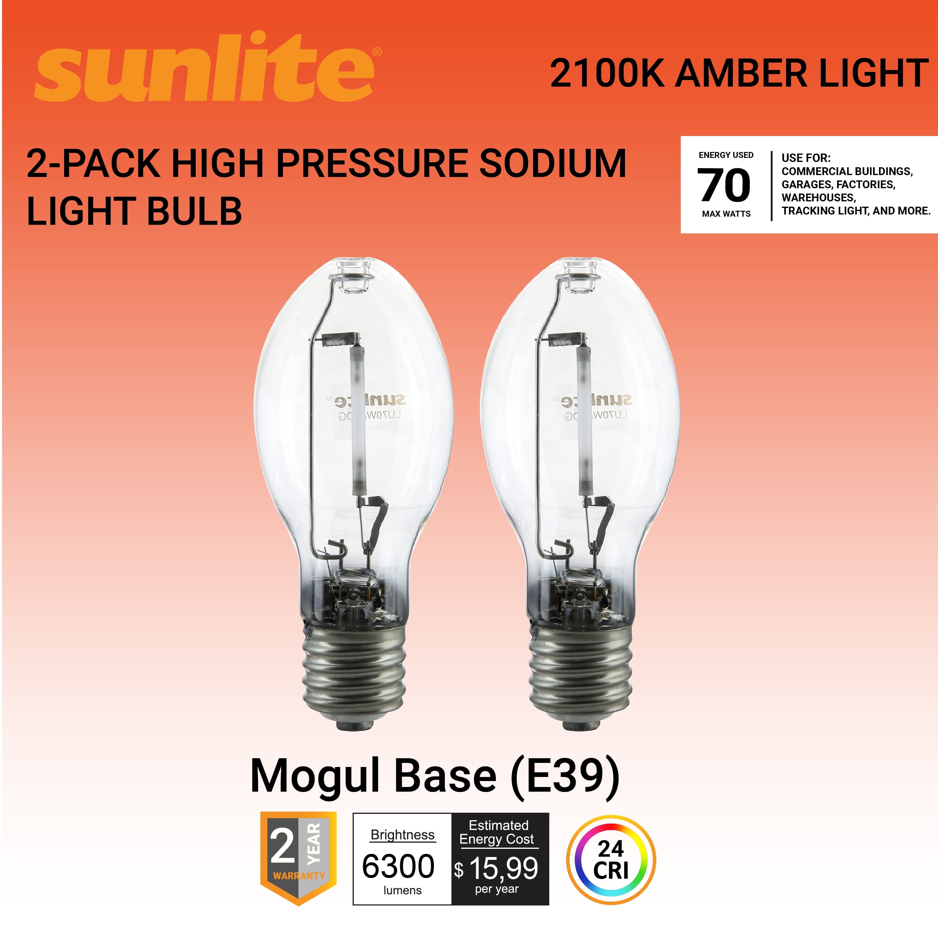 Sunlite LU70/MOG HPS Bulb, 70W, E39 Base, S62, 6300lm, 2100K, Clear, 2 ...
