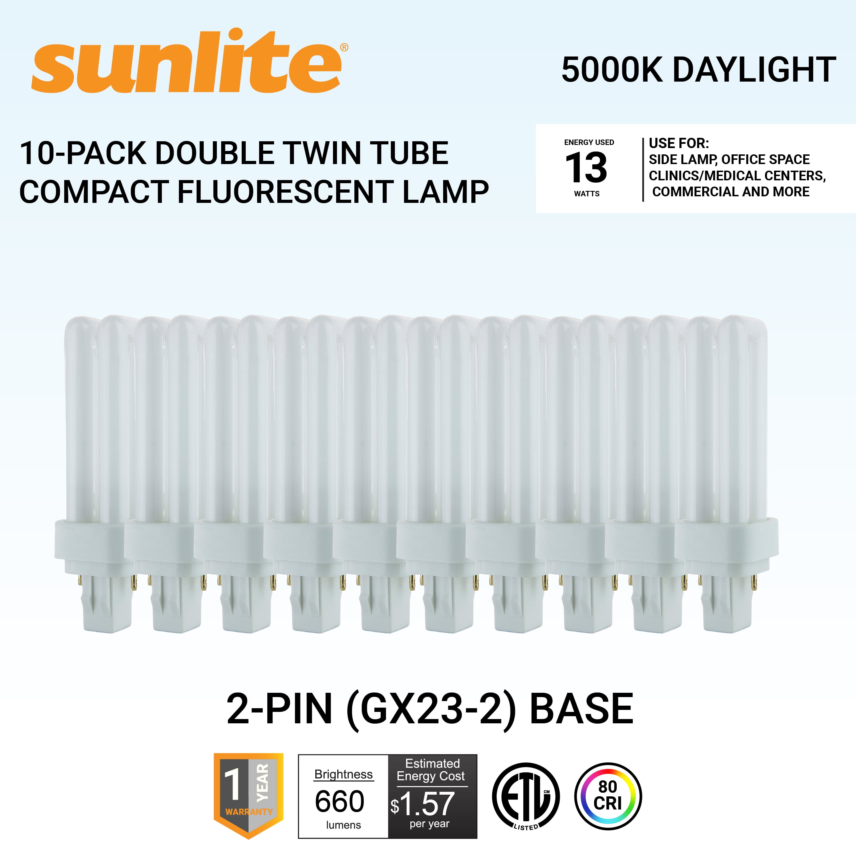 Sunlite PLD13/SP50K/10PK Double Twin Tube, CFL, PLD 2-Pin, 13 Watts, 660 Lumens, 5000K Daylight ...