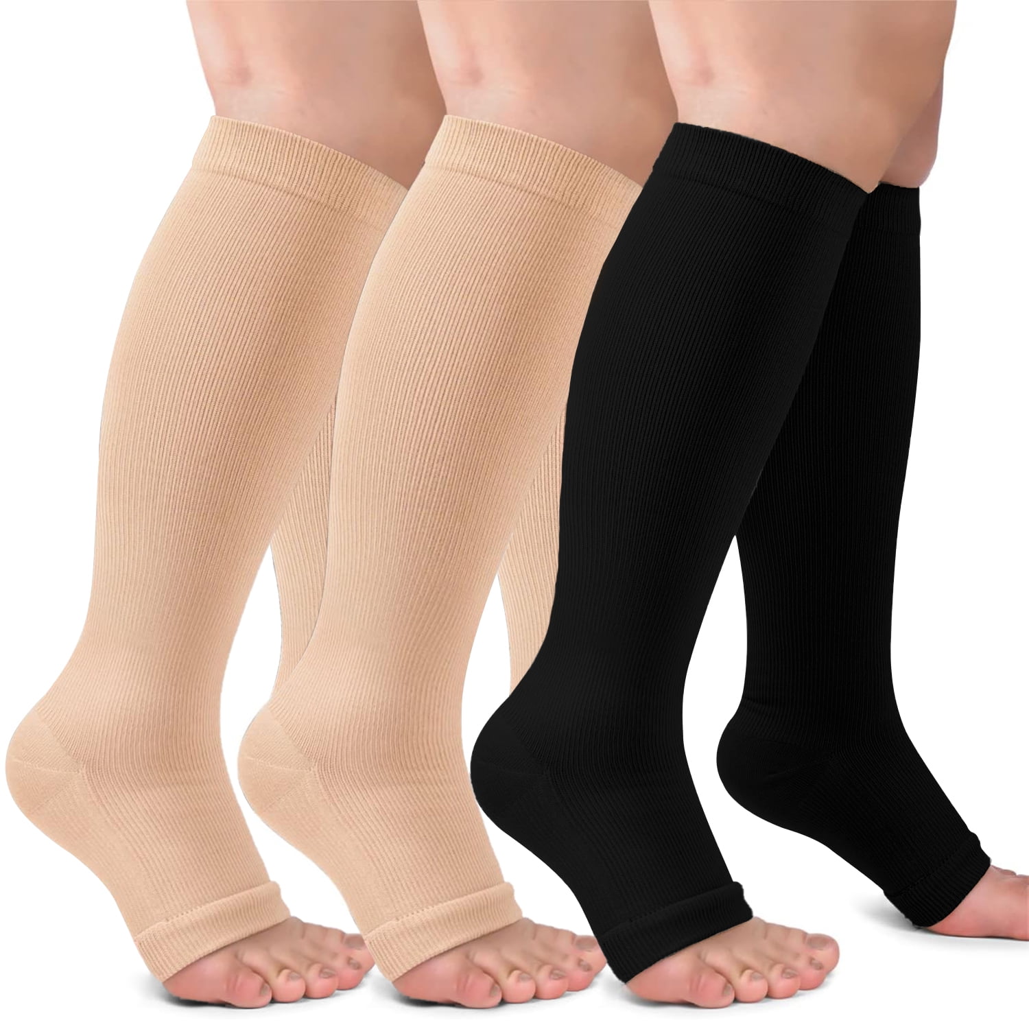 MARTINE MALL 3 Pack 20-30mmHg Open Toe Compression Stockings Plus Size ...