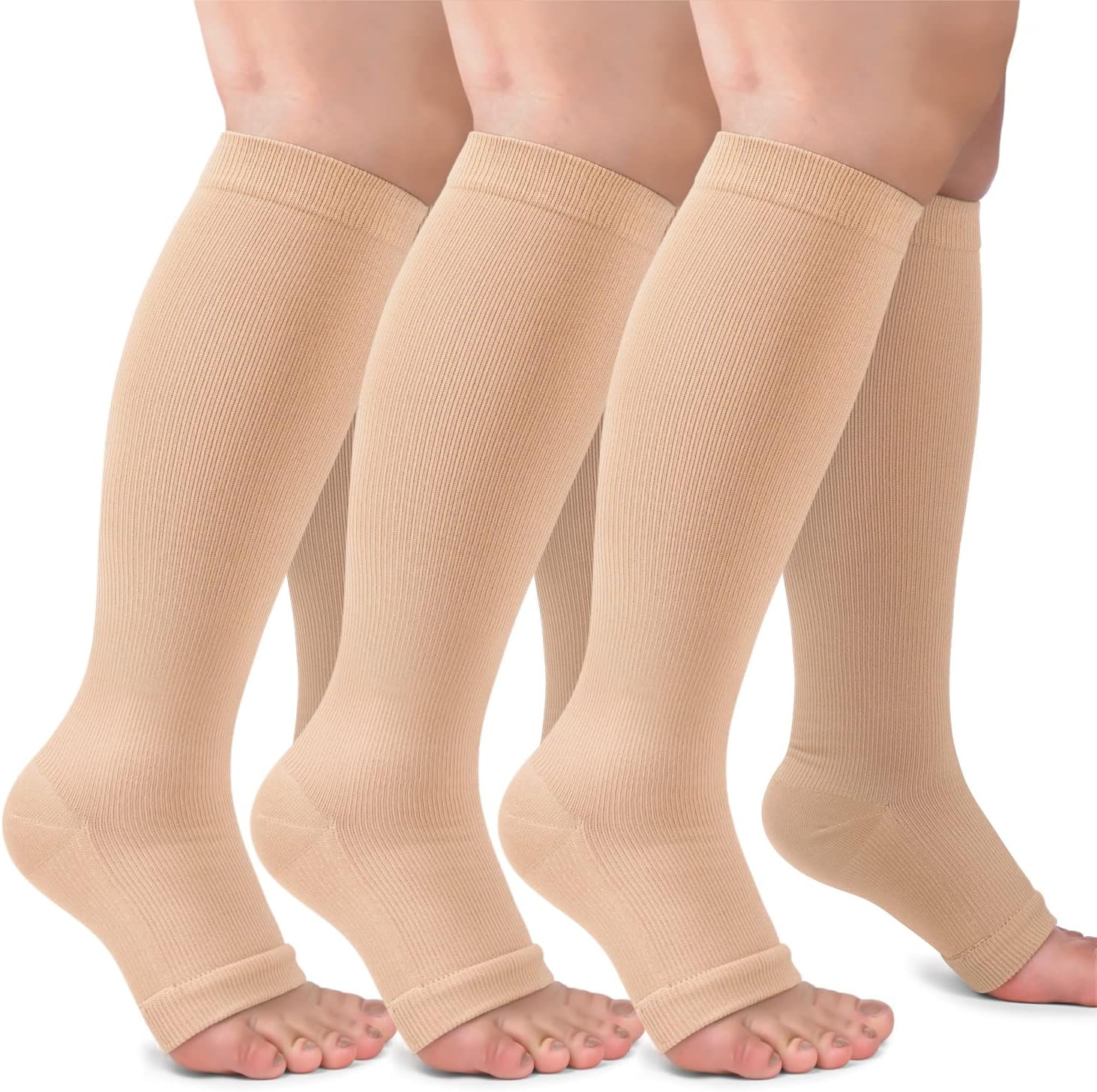MARTINE MALL 3 Pack 20-30mmHg Beige Open Toe Compression Stockings Plus ...