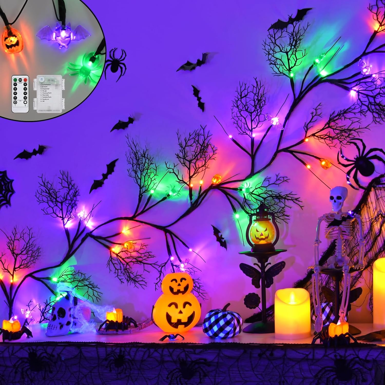 Sunm Boutique 6 Ft 54 LED Halloween Garland with Lights 6 Pumpkins 6 Bats 6 Spider Waterproof ...