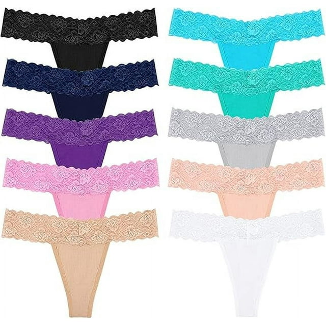 Sunm Boutique Women's Lace Thongs, Low Waist G-String Underwear, Seamless No Show Panties, 10 ...