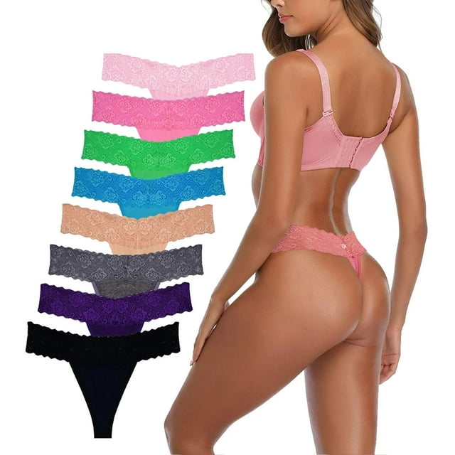 Sunm Boutique Women's Lace Thongs, Cotton Underwear, T-back Panties, 8 Pack, Cheeky Style ...