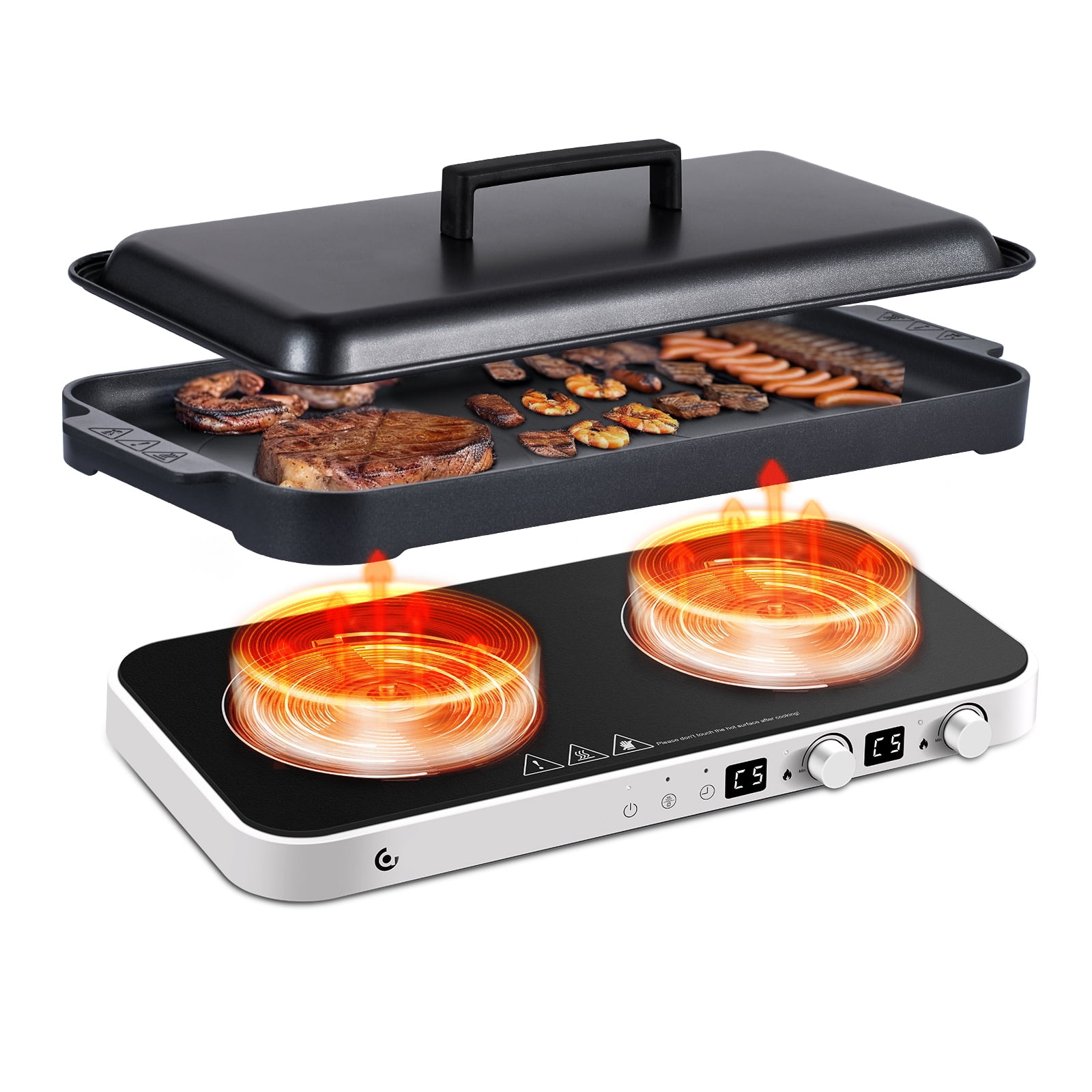 Sunmaki Portable Double Induction Cooktop with Removable Griddle Pan ...