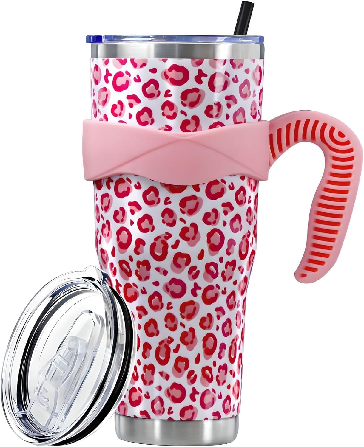 Sunmdecor Pink Leopard Print Tumbler with Handle and Silicone Straws ...