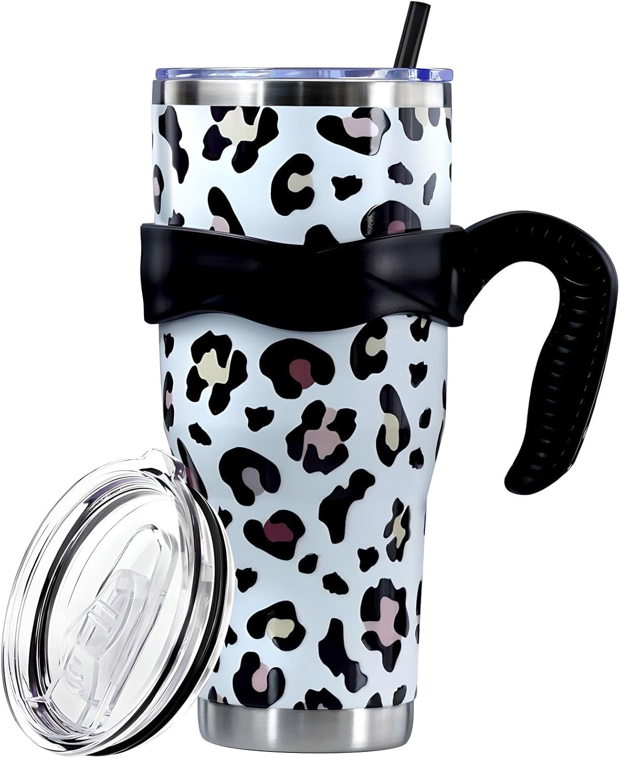 Sunmdecor White Leopard Print Tumbler with Handle and Silicone Straws ...