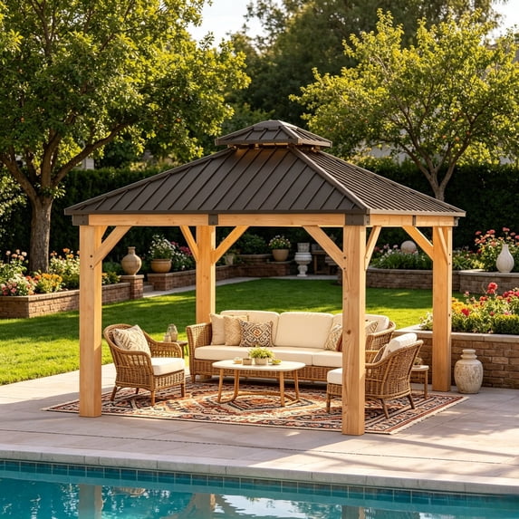 Sunmthink 10'x10' Outdoor Hardtop Gazebo, Cedar Wood Pavilion with ...