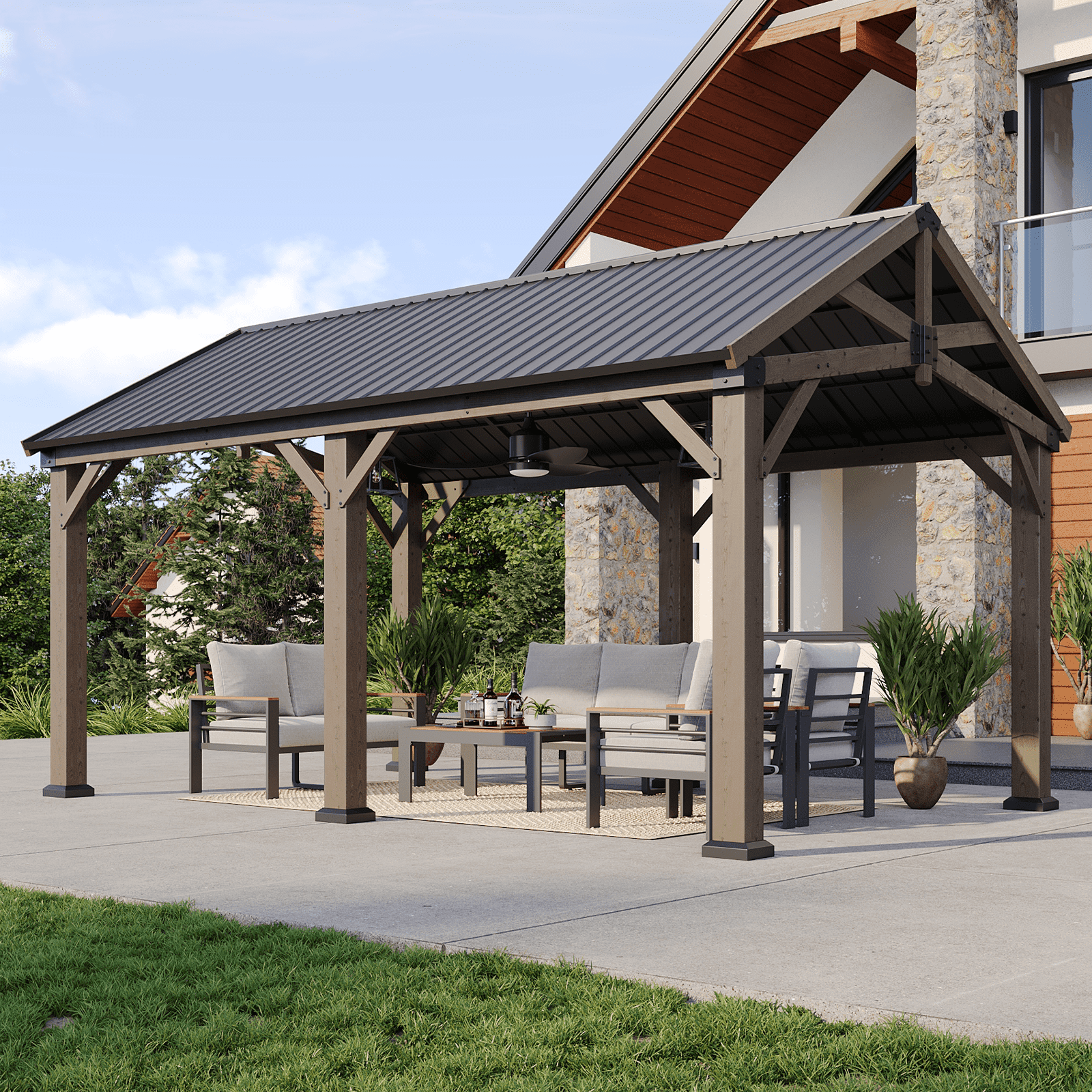 Sunmthink 12' x 16' Outdoor Wood Frame Gazebo, Hardtop Gazebo with ...