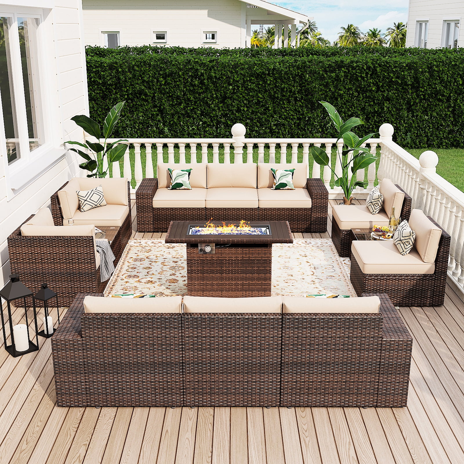 Sunmthink 13pcs Patio Furniture Set with Fire Pit Table, Outside Rattan ...