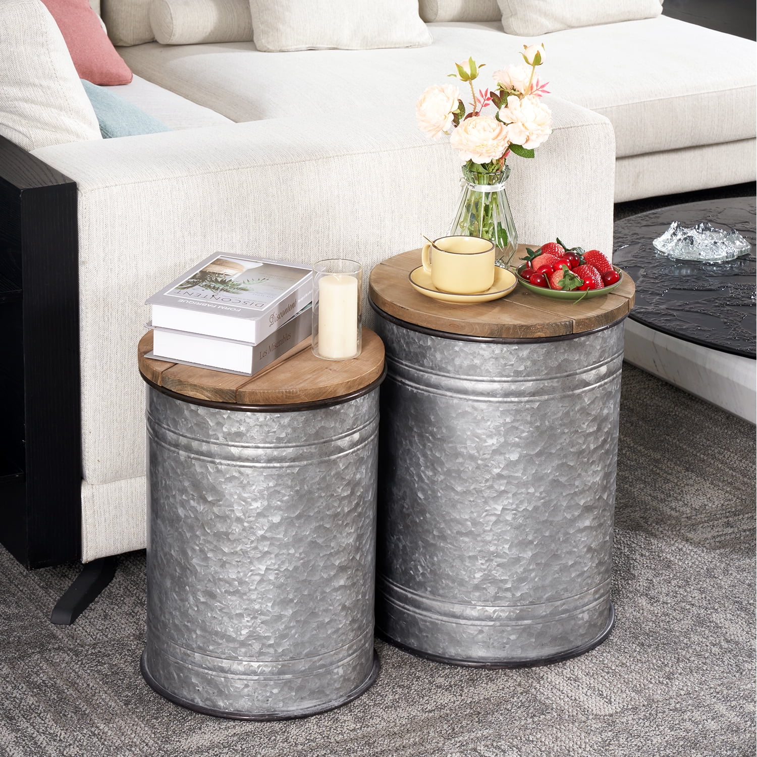 Sunmthink 2-Piece Rustic End Table & Side Storage Stool, Ottoman Seat ...