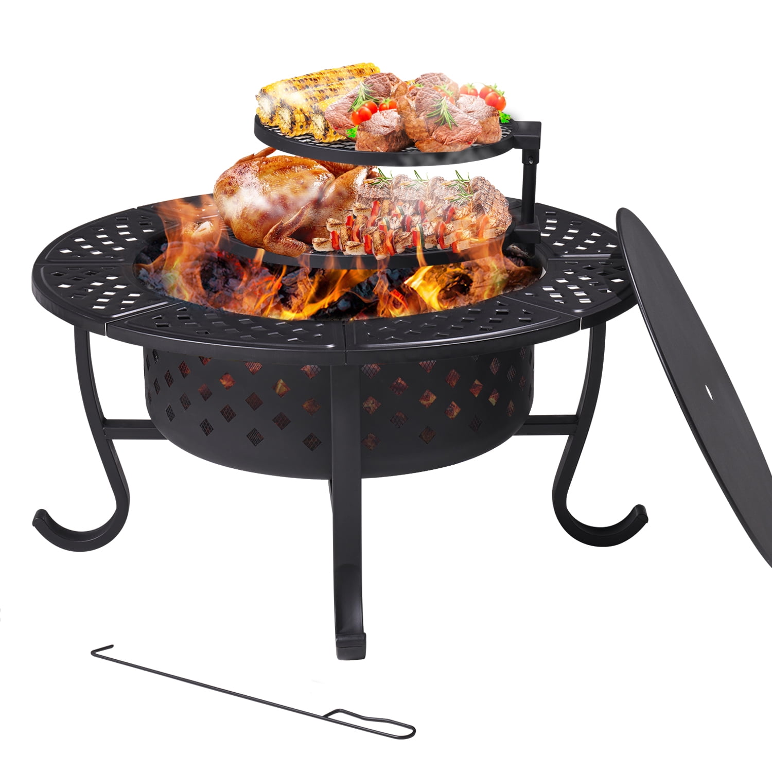 Sunmthink 36" Large Outdoor Metal Fire Pit, Wood Burning Grill for BBQ ...