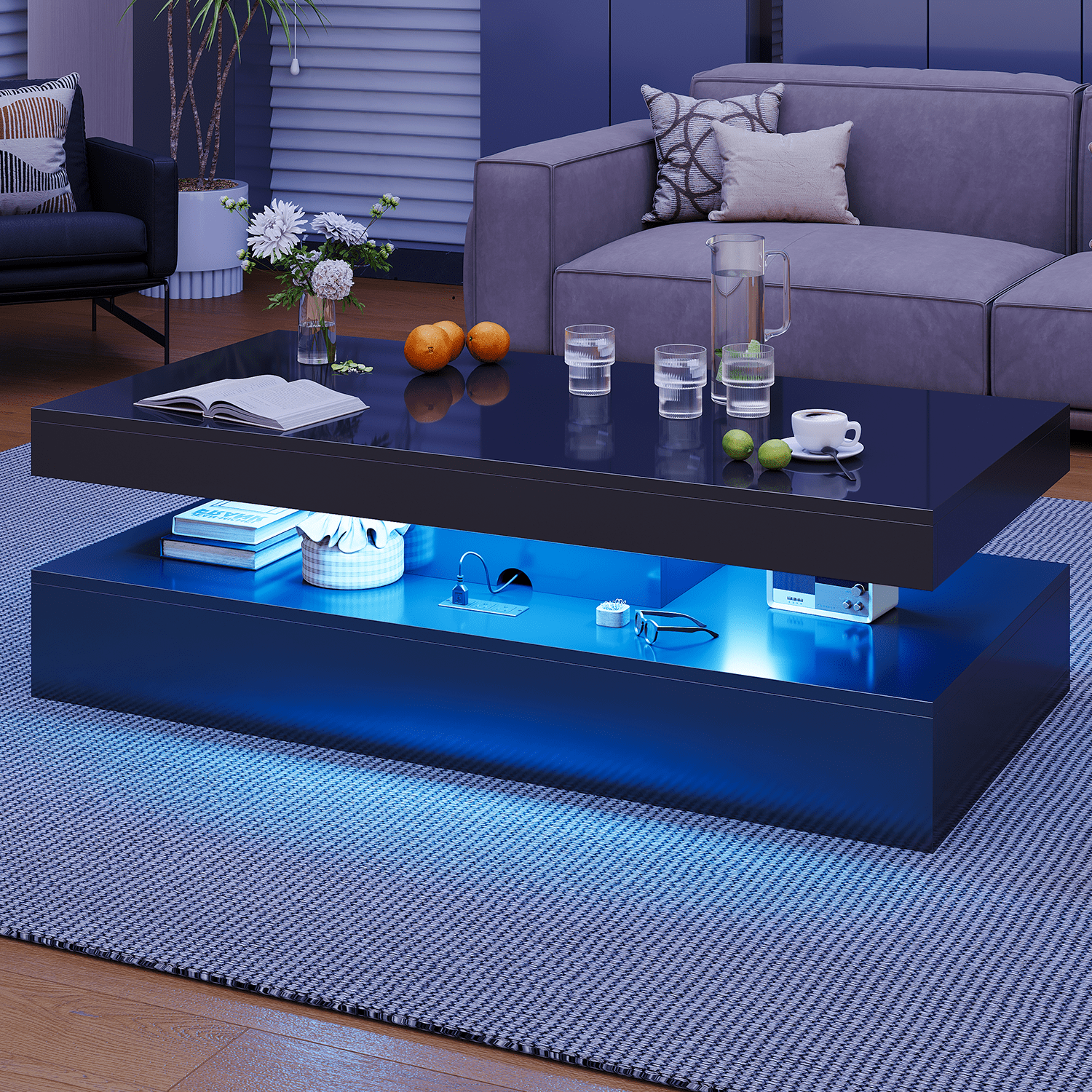 Sunmthink 47” High-Glossy LED Coffee Table with 2 Sliding Drawers ...