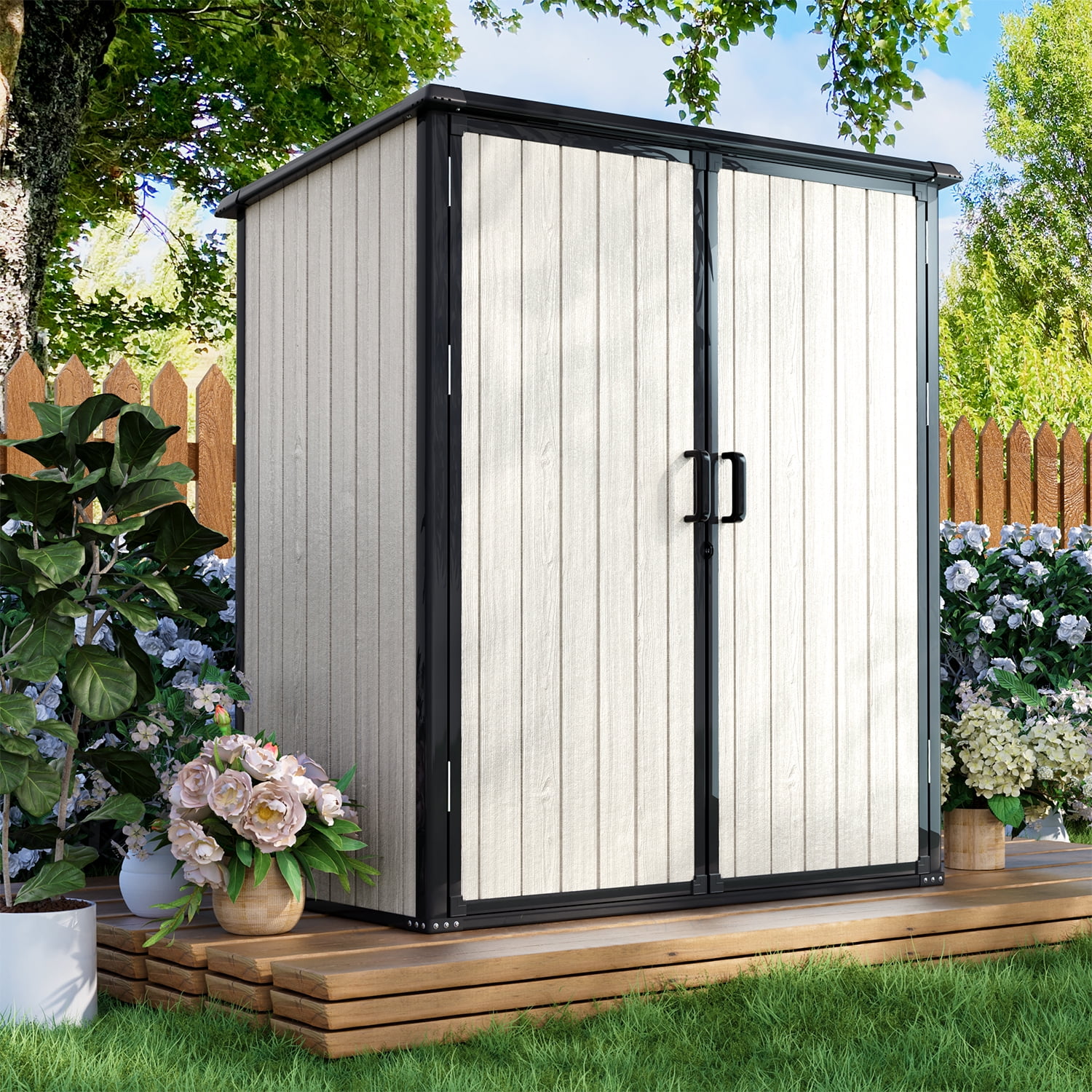 Sunmthink 5.0'x3.1' Resin Outdoor Shed with Base Frame, Lockable, Beige ...