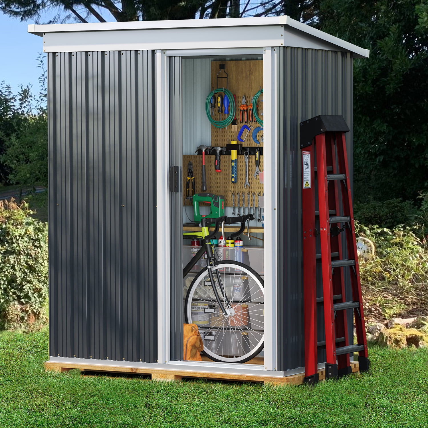 Sunmthink 5x3 ft Outdoor Metal Storage Shed with a Movable Door ...
