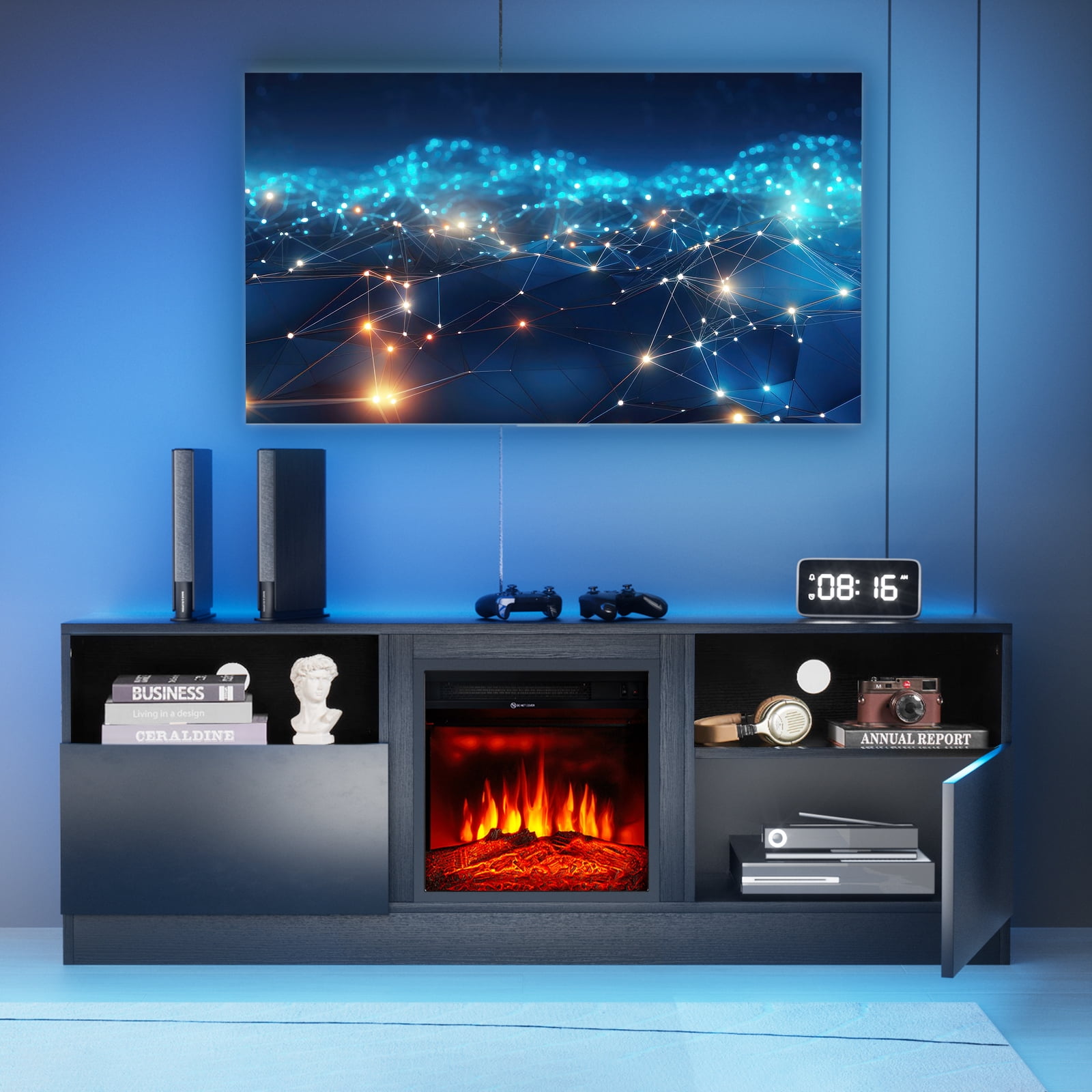 "Sunmthink 65"" TV Stand with 18"" Fireplace, Storage, Overheat ...