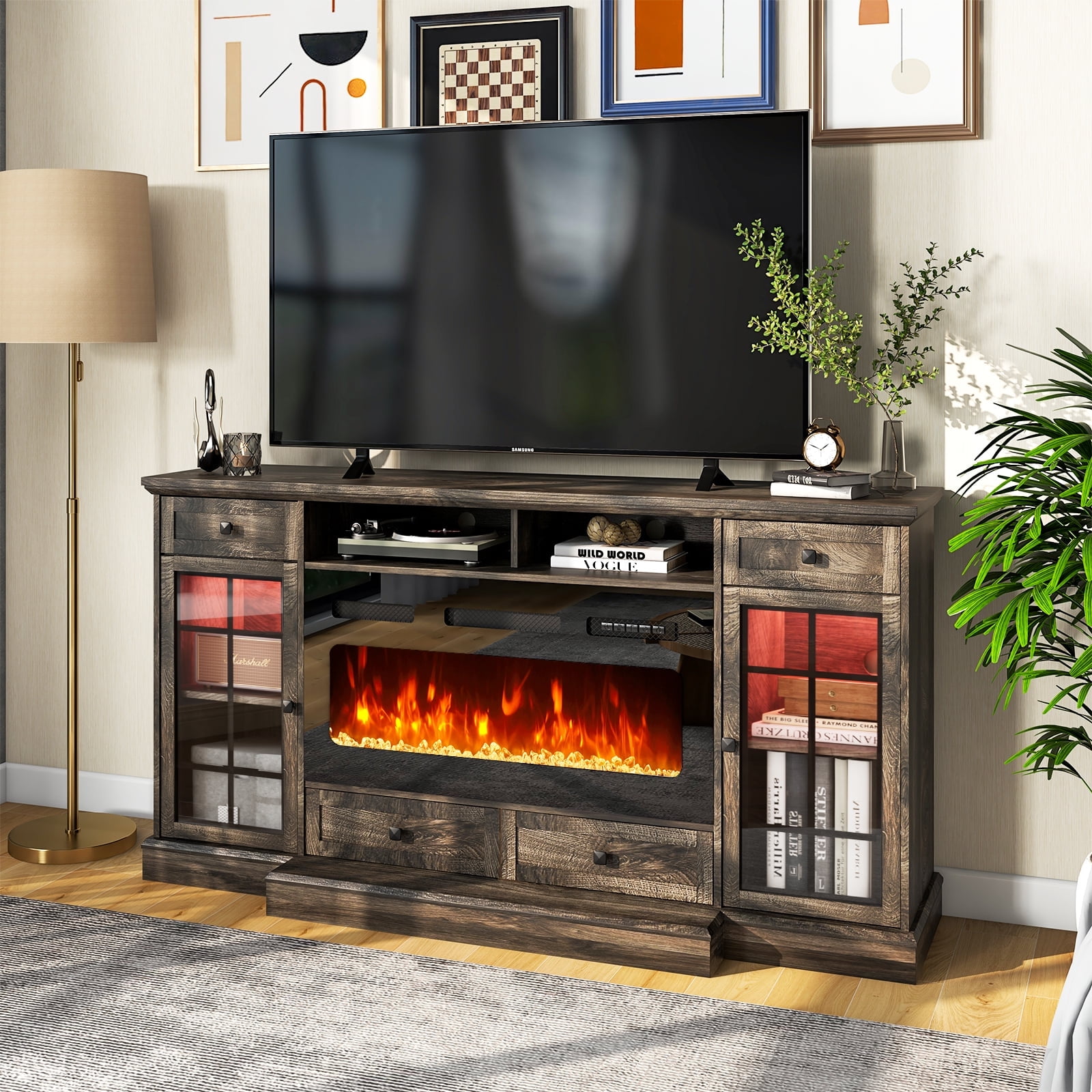 Sunmthink 68" Fireplace TV Stand for TVs up to 80 Inch, Entertainment ...
