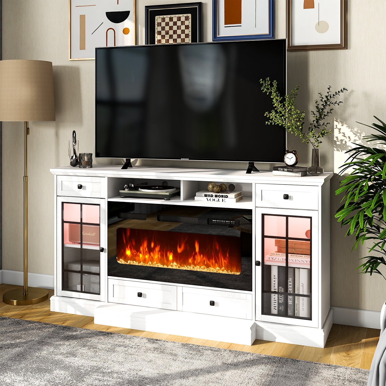 Sunmthink 68" Fireplace TV Stand for TVs up to 80 Inch, Entertainment ...