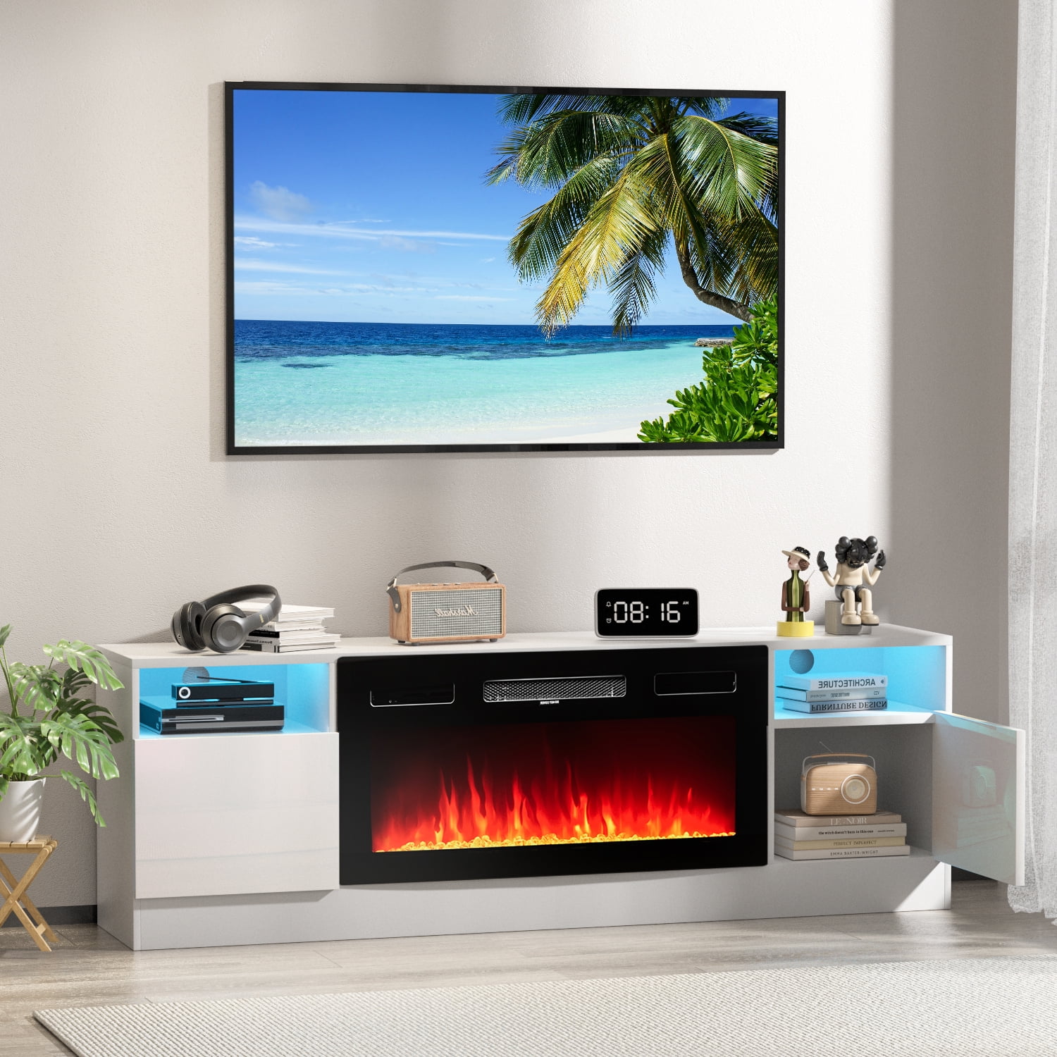 "Sunmthink 70"" LED Fireplace TV Stand, Classic Entertainment Center ...