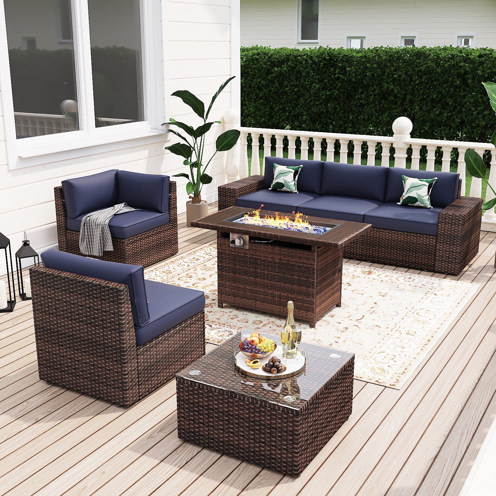 Sunmthink 7Pcs Wicker Rattan Patio Furniture Set with Fire Pit for ...
