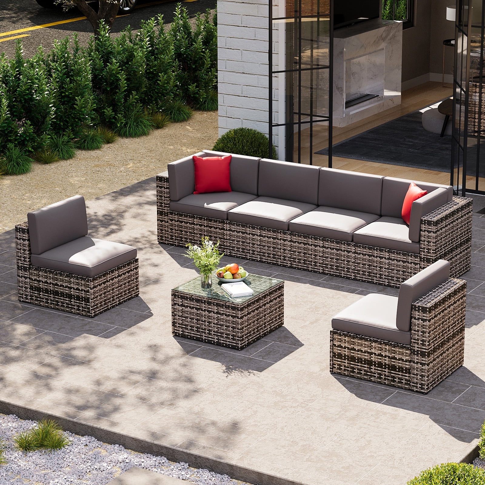 Sunmthink 7pcs Patio Conversation Set, Outdoor Rattan Wicker Furniture ...