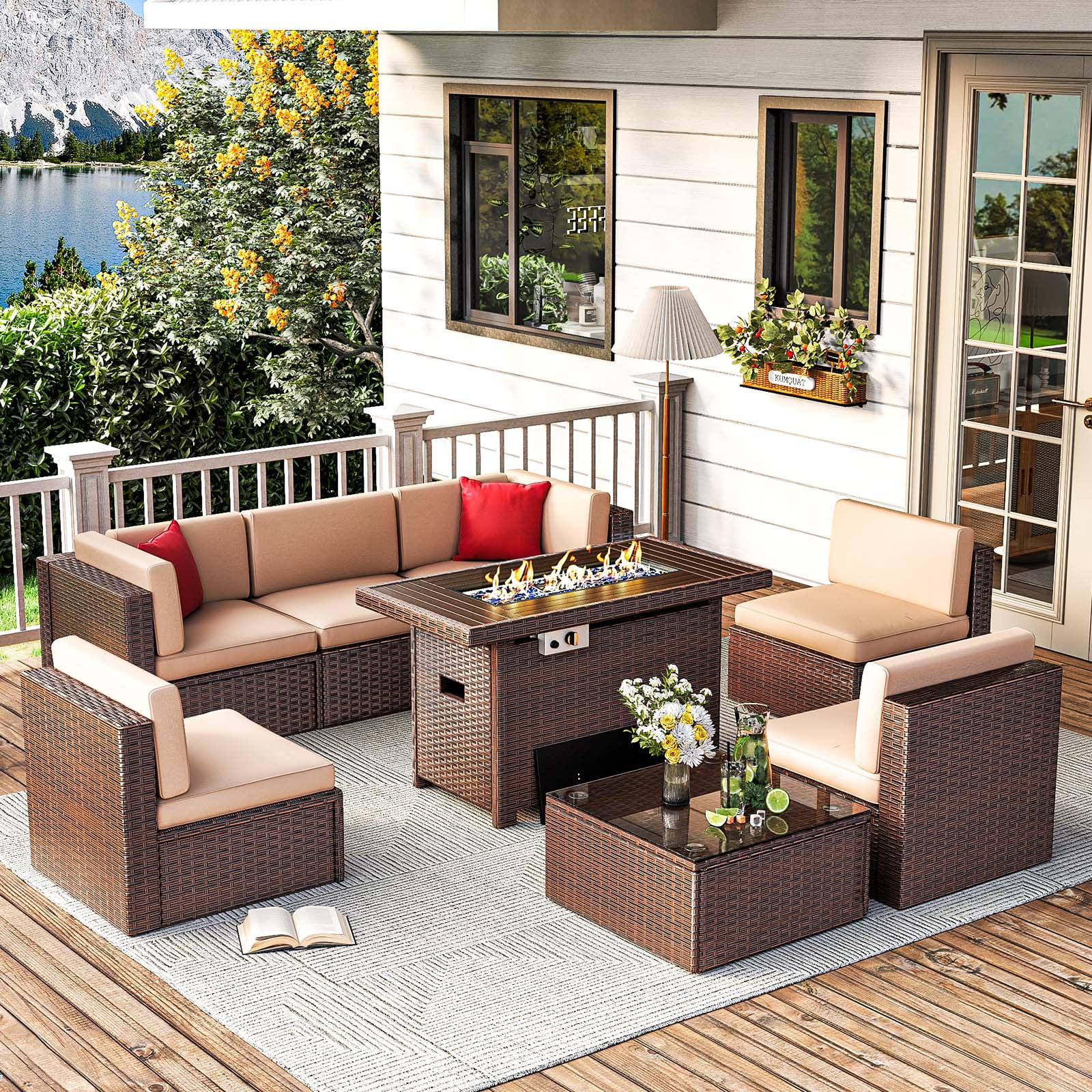 Sunmthink 8 Pcs Outdoor Sectional Patio Furniture Sets with Fire Pit ...