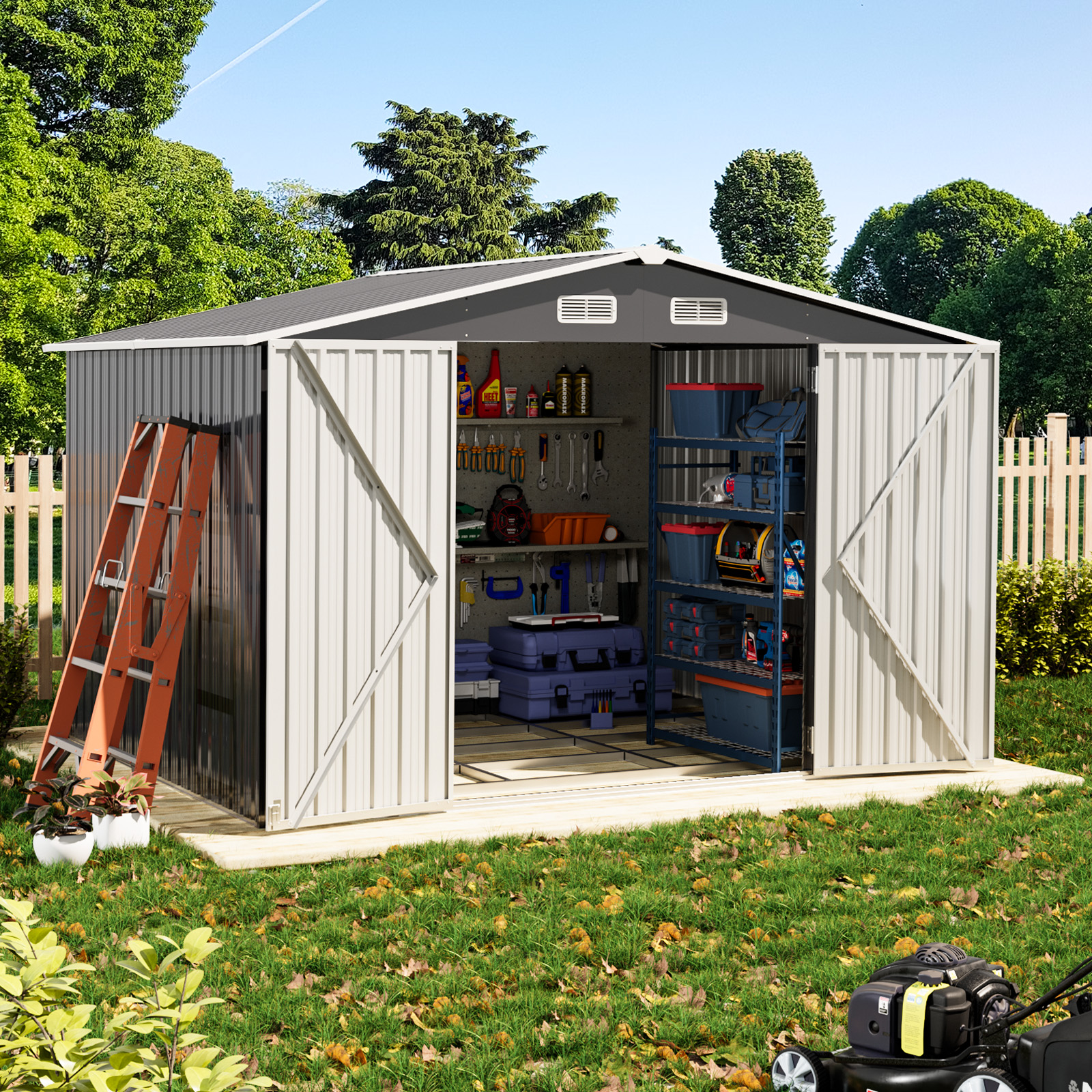Sunmthink 8’x 6’ Outdoor Storage Shed with Base Frame, Tool Storage ...