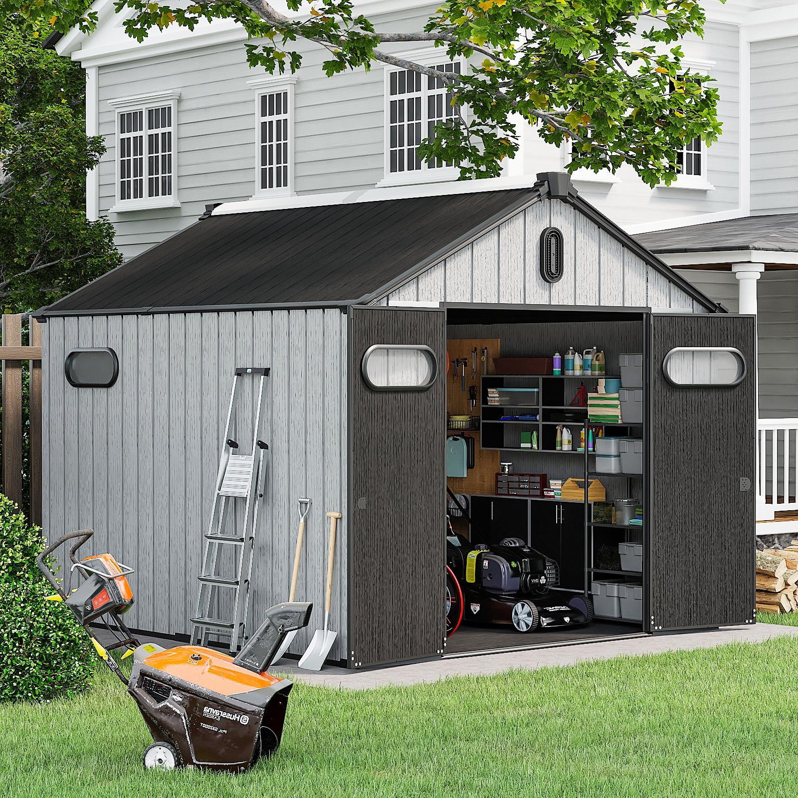 Sunmthink 9.7' x 7.9' Outdoor Storage Shed, Resin Storage Shed 605 cu ...
