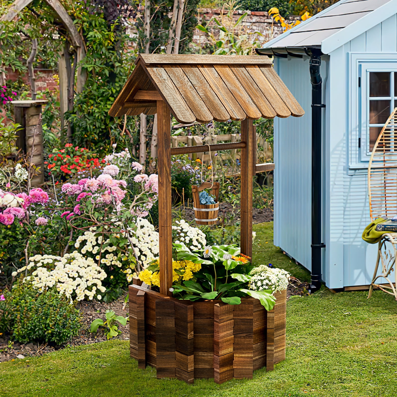 Sunmthink Outdoor Wooden Wishing Well Planter, Garden Yard Pots with ...