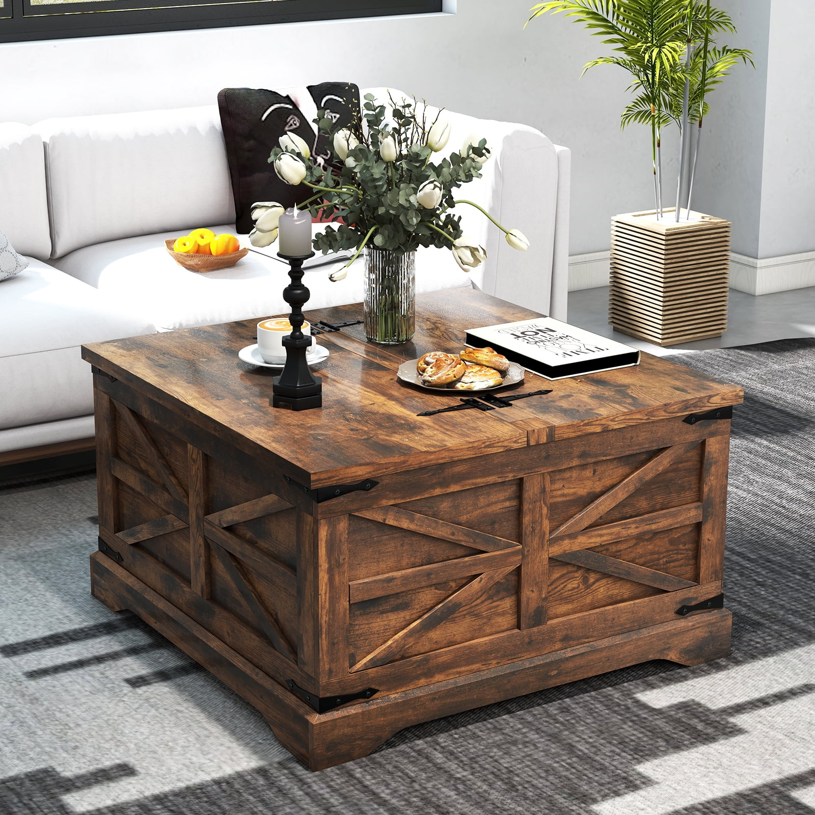 Sunmthink Rustic Style Farmhouse Coffee Table with Storage, Square ...