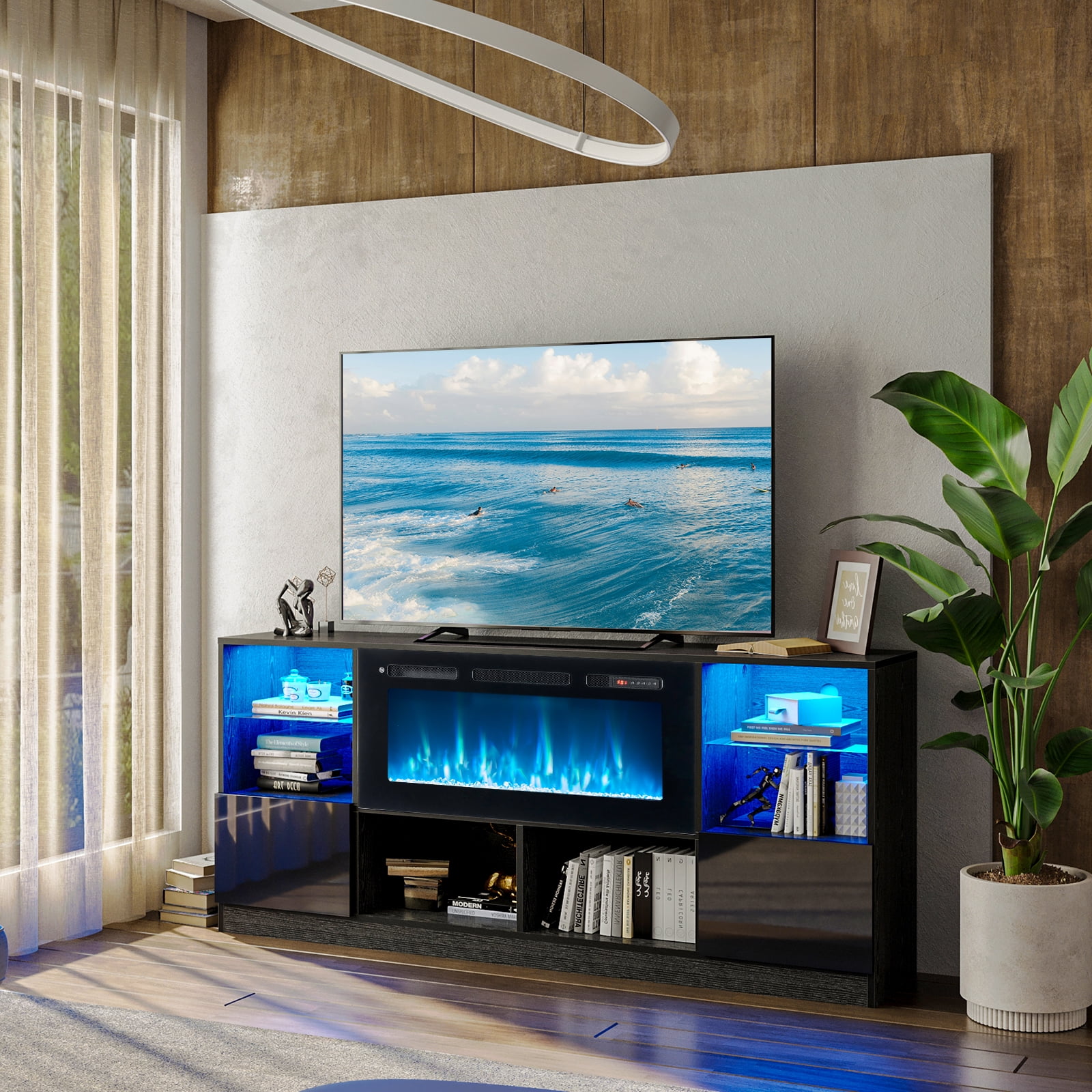 Sunmthink Fireplace TV Stand with Electric Fireplace, 70” LED Light ...